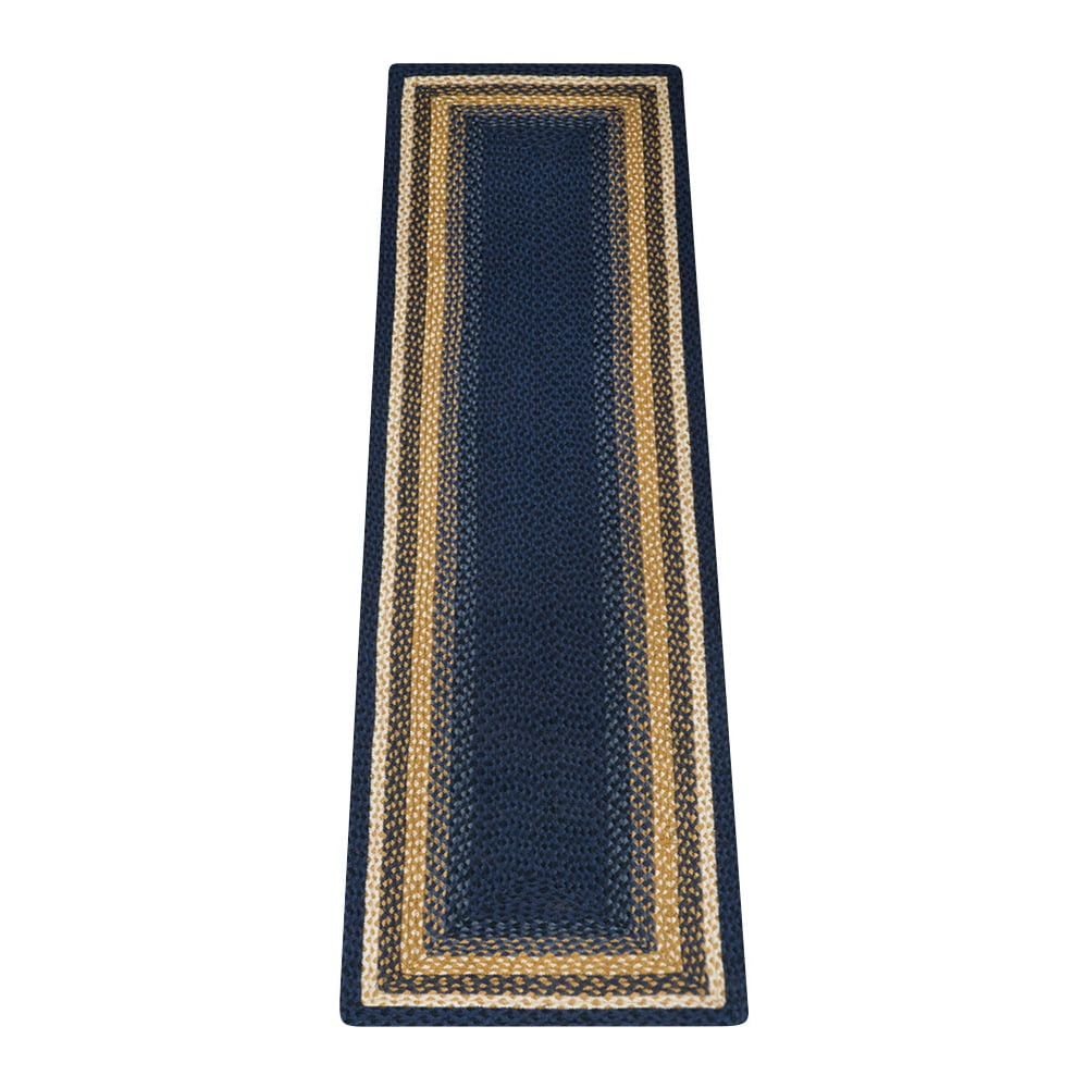 C-079 Light & Dark Blue, Mustard Braided Rug , Rectangle 2'x8 ...