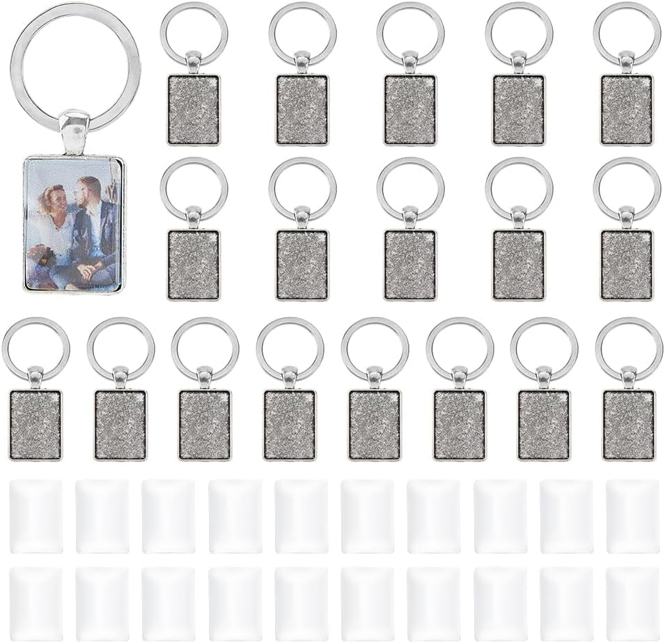 C 20 Sets Keychain Cabochon Settings Rectangle Metal Blank Bezel Trays ...