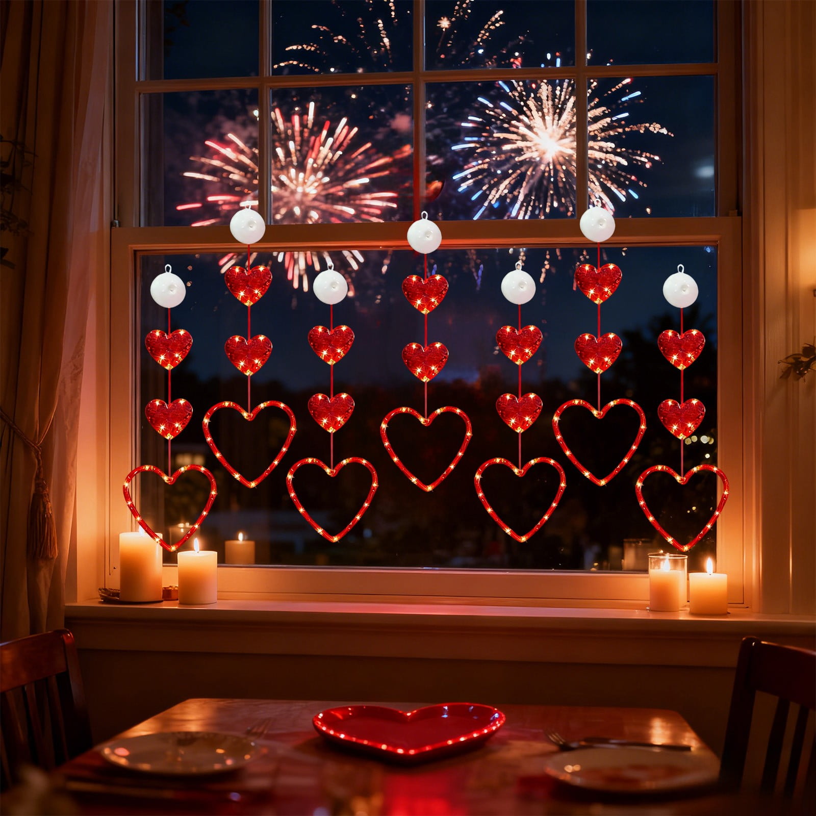 C 2Pc Led Heart Curtain Lights Set With Suction Cup Hooks Battery ...