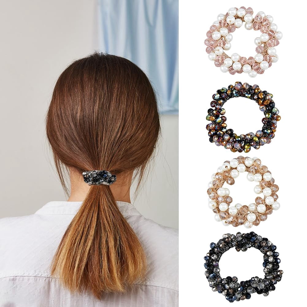 C 4Pcs 4 Styles Rhinestone Bead Hair Ties Crystal Elastic Hair Band ...