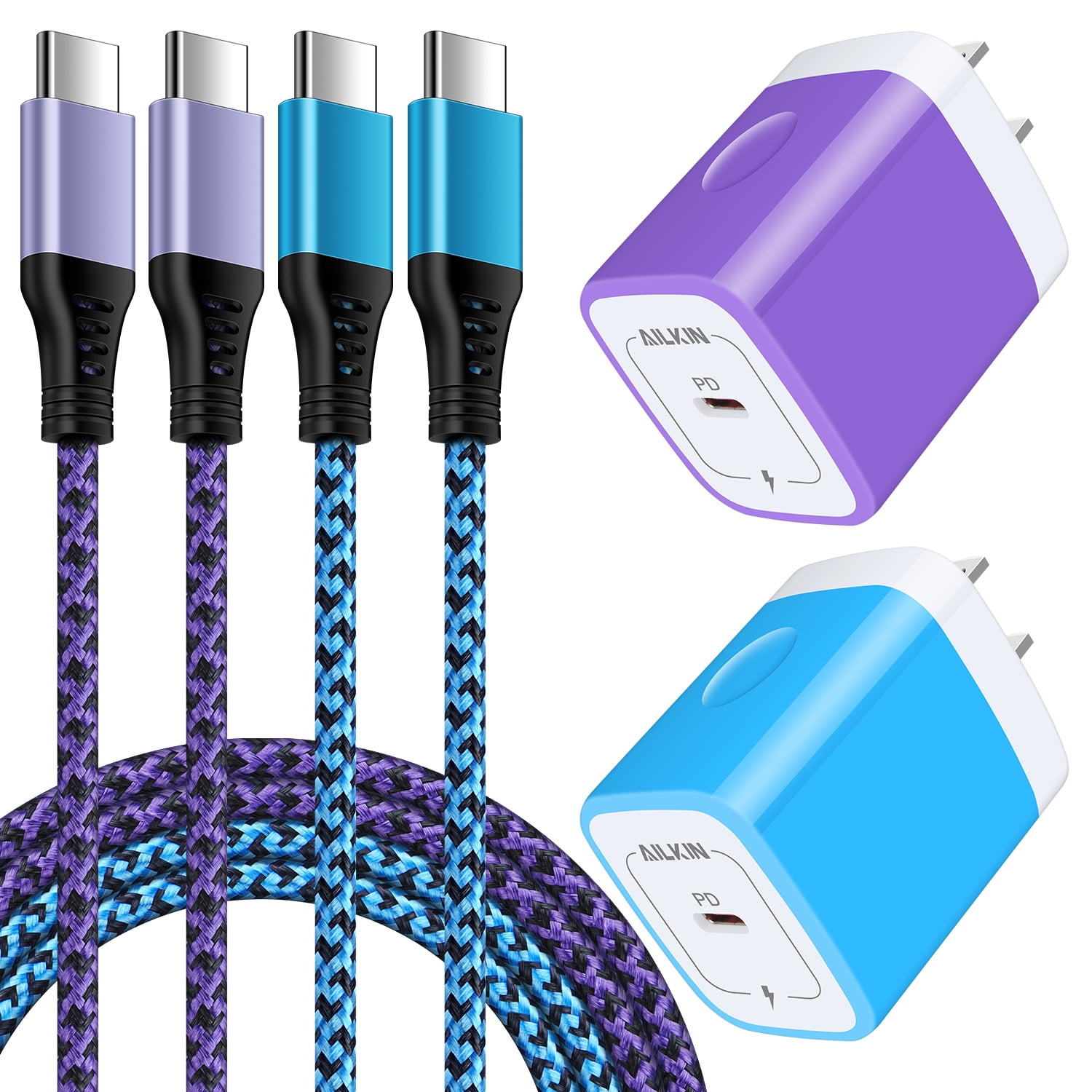 AILKIN 20W PD USB-C Wall Charger Adapter Plug with 2PACK 6ft Cables ...