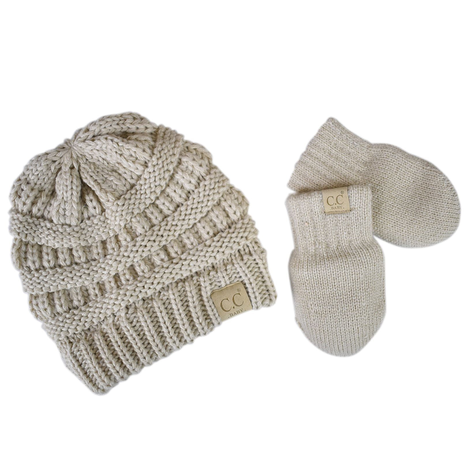 C.C Babies' Winter Cable Knit Beanie and Fuzzy Lined Mitten Set, Beige ...