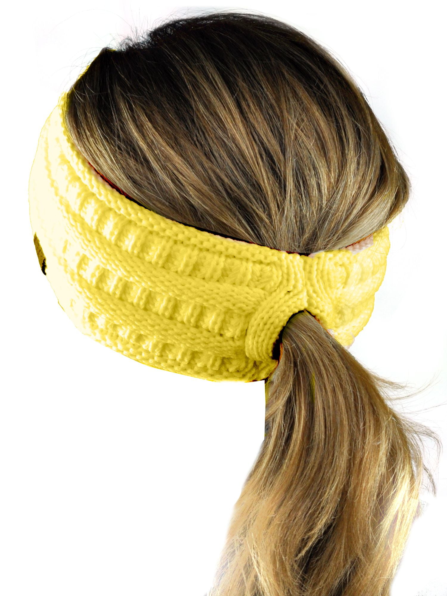 C.C Cable Knit Fuzzy Lined Ear Warmer Ponytail Pony Headband, Neon ...