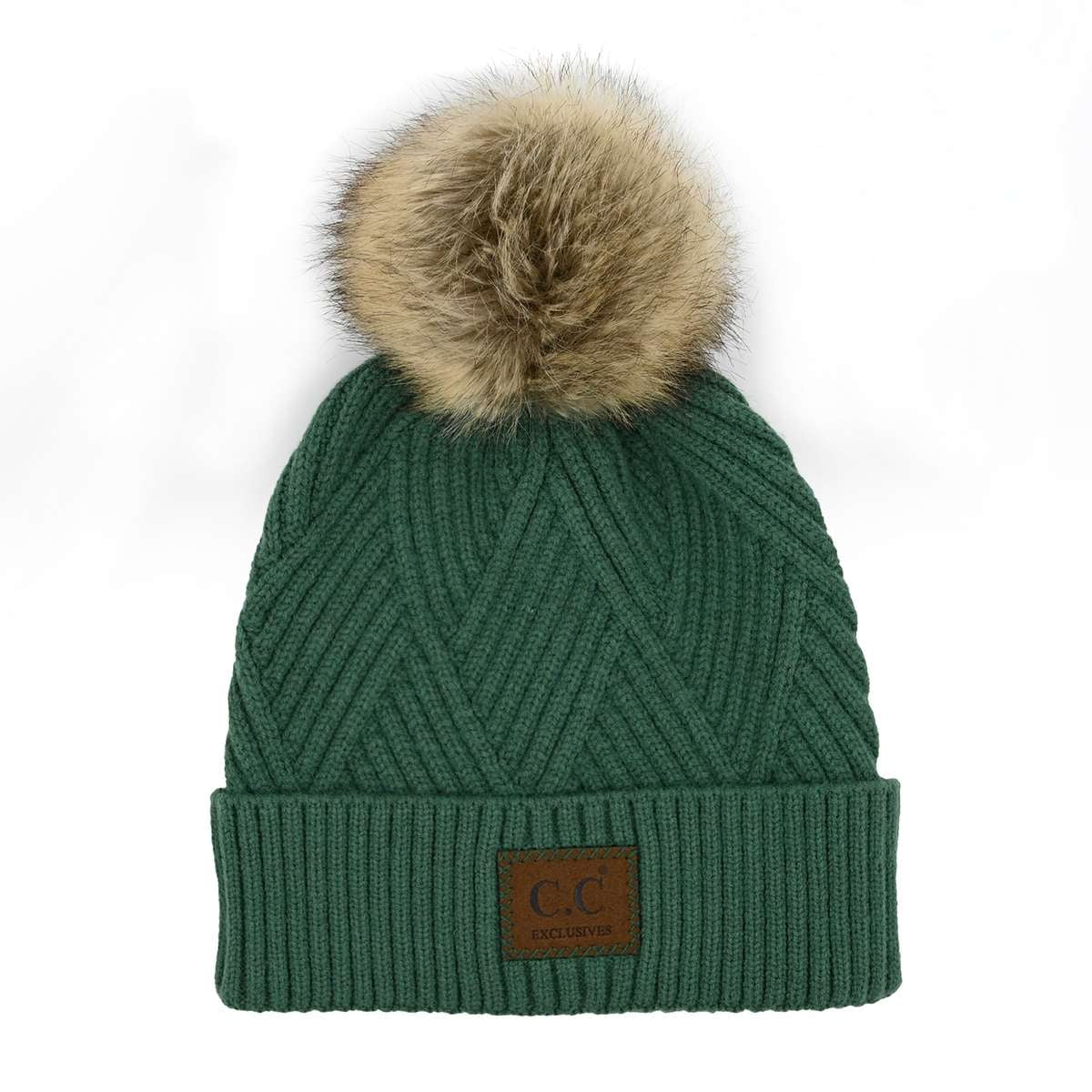 C/C Winter Hat Beanie, Diagonal Criss Cross Pattern, Suede Patch, Pom ...