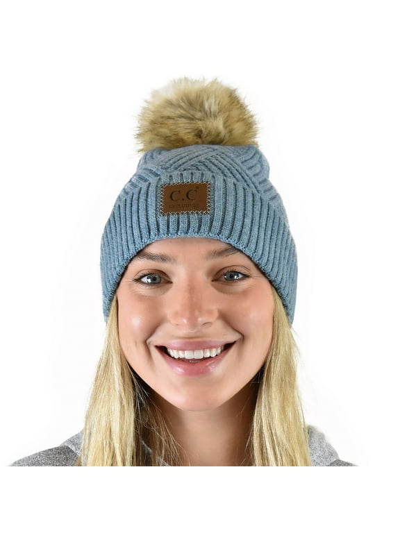 CC Brand Pom Thick Beanie Sherpa Lined Chunky Knit Stretch Women's Winter Hats Cap - Walmart.com