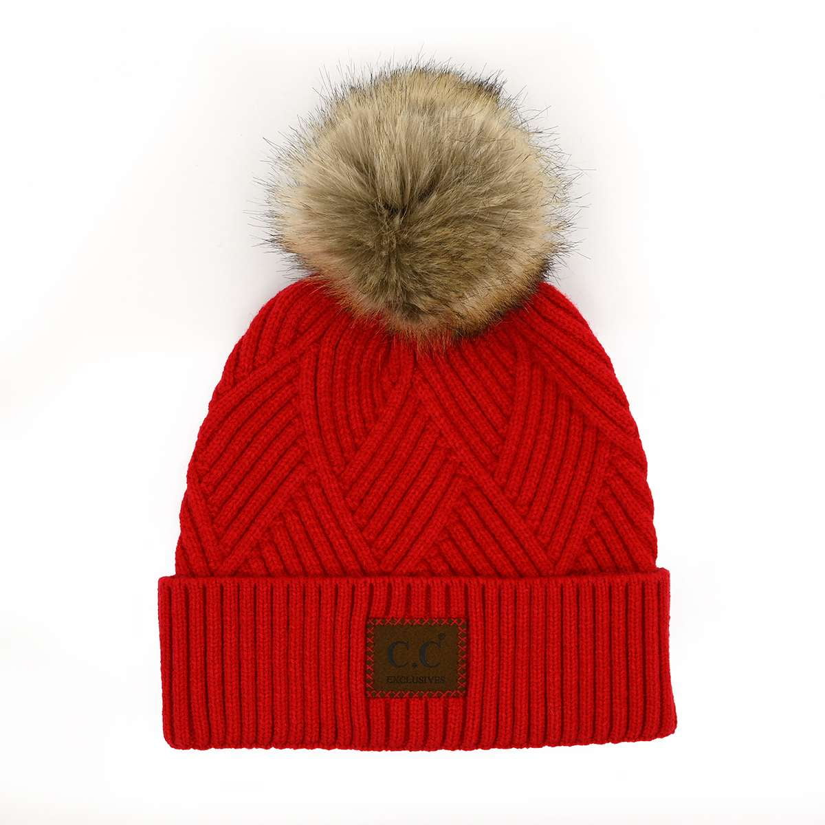 C/C Snuggly Soft Pom Cuff Beanie, Red, Diagonal Criss Cross Pattern ...