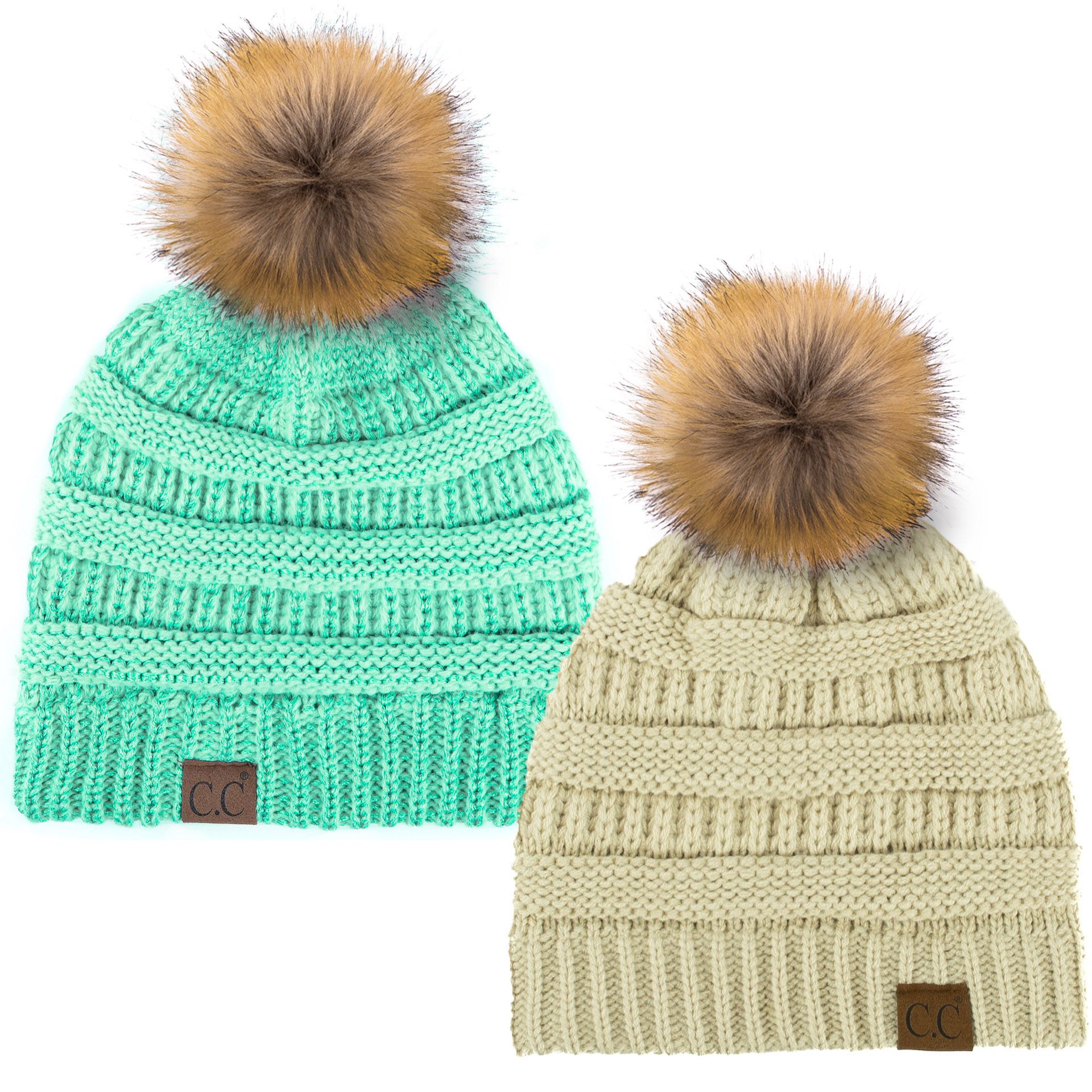 C.C Hat-43 Thick Warm Cap Hat Skully Faux Fur Pom Pom Cable Knit Beanie ...