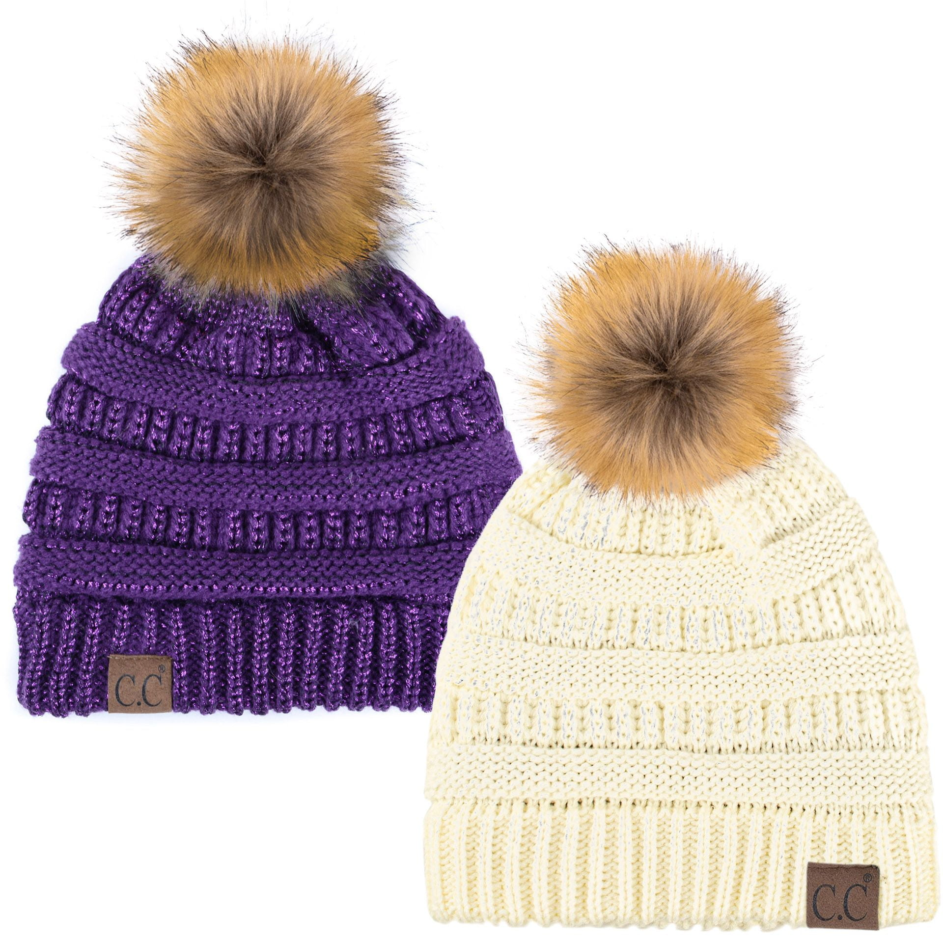 C.C Hat-43 Thick Warm Cap Hat Skully Faux Fur Pom Pom Cable Knit Beanie ...