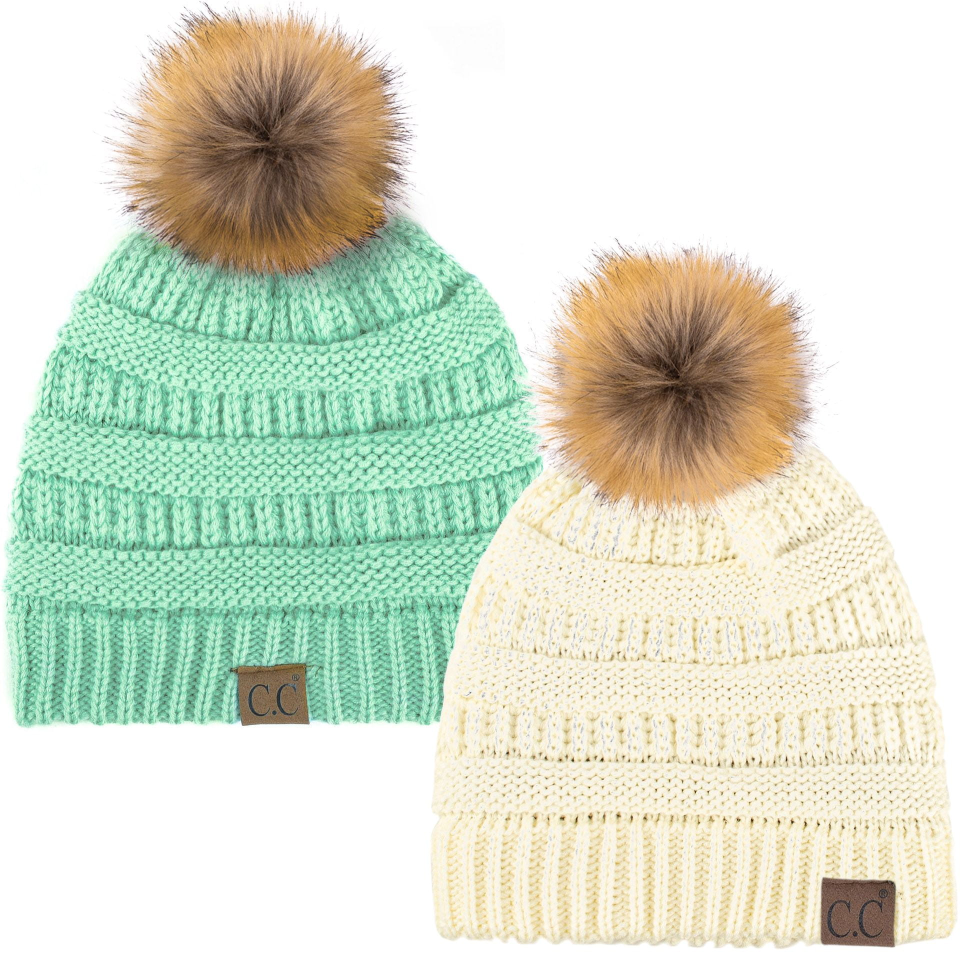 C.C Hat-43 Thick Warm Cap Hat Skully Faux Fur Pom Pom Cable Knit Beanie ...