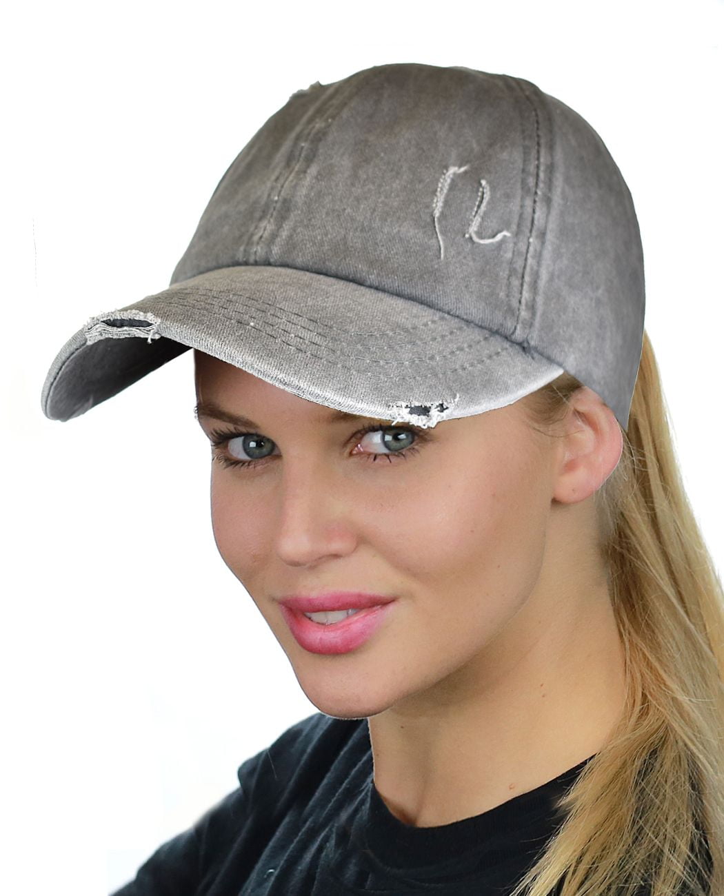 C.C Ladder Style Ponycap Adjustable Ponytail Distressed Washed Denim ...