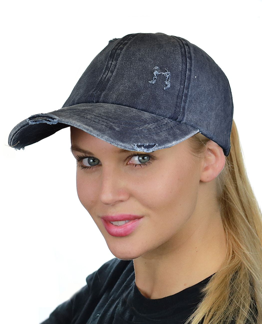 C.C Ladder Style Ponycap Adjustable Ponytail Distressed Washed Denim ...