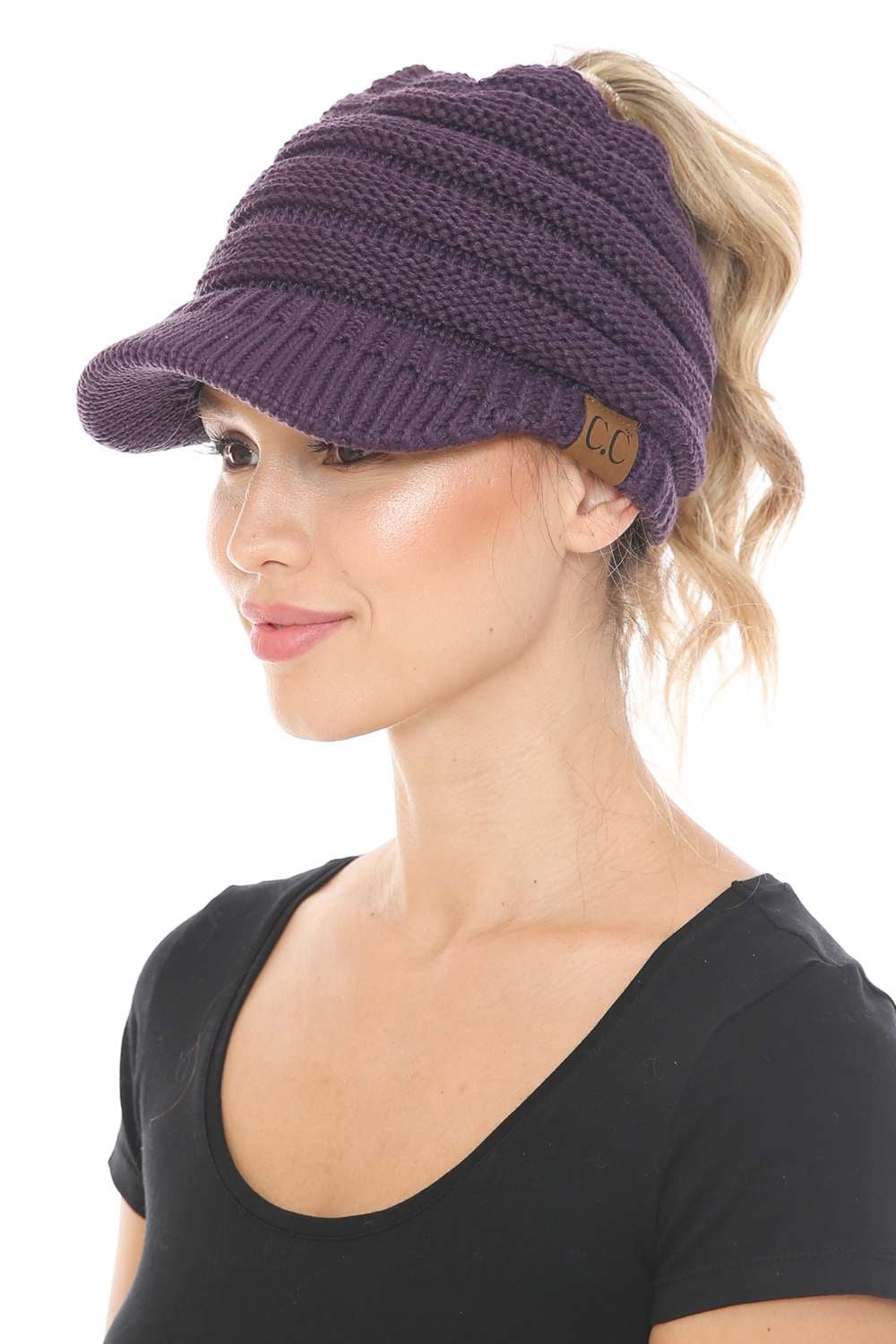 C.C MB-131 BeanieTail Warm Knit Messy High Bun Ponytail Visor Beanie ...