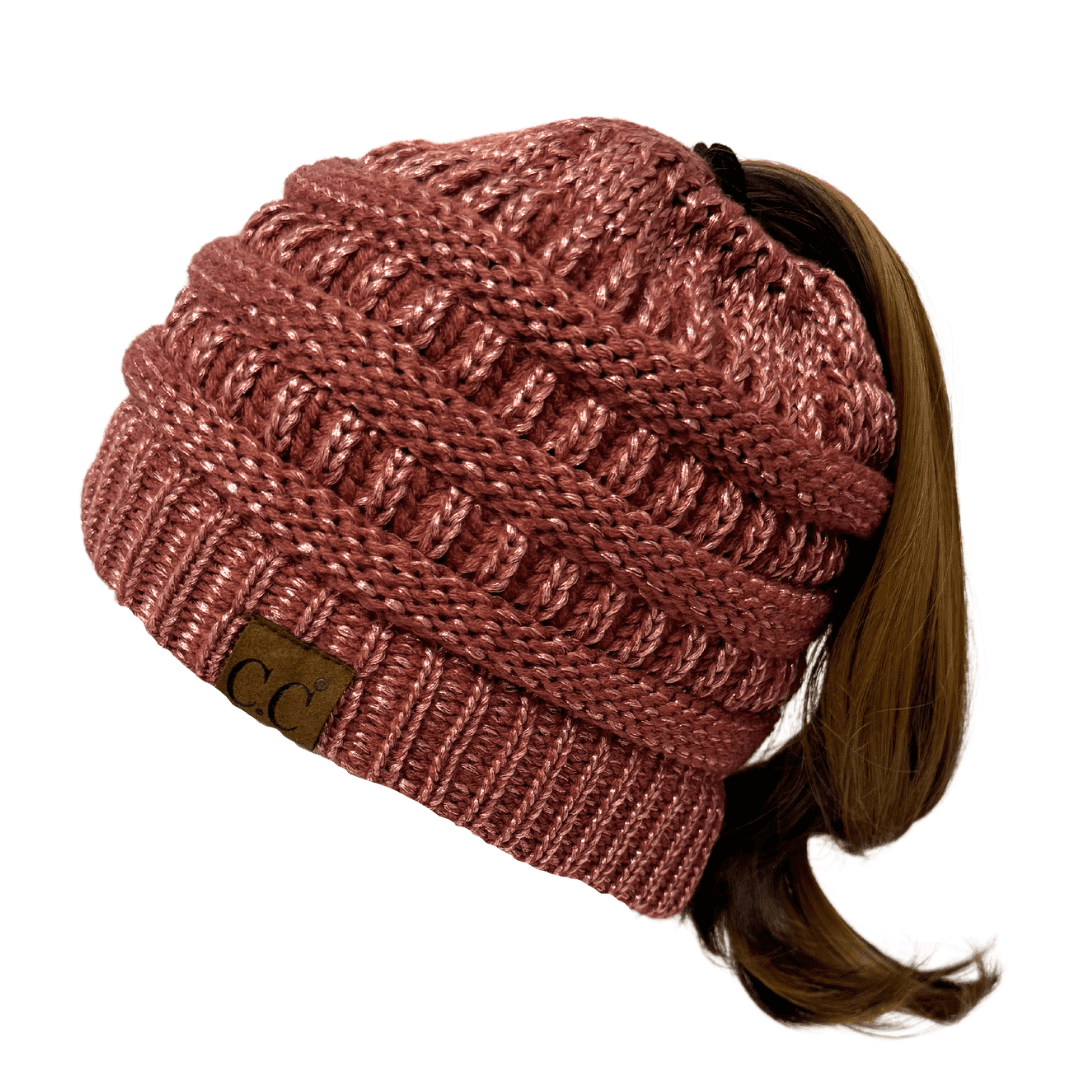 C.C MB-20A Soft Stretch Cable Knit Warm Hat High Bun Beanietail ...
