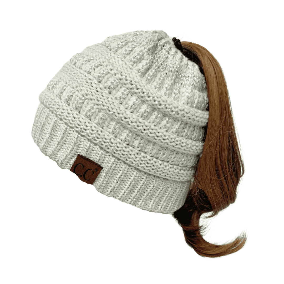 C.C MB-20A Soft Stretch Cable Knit Warm Hat High Bun Beanietail ...