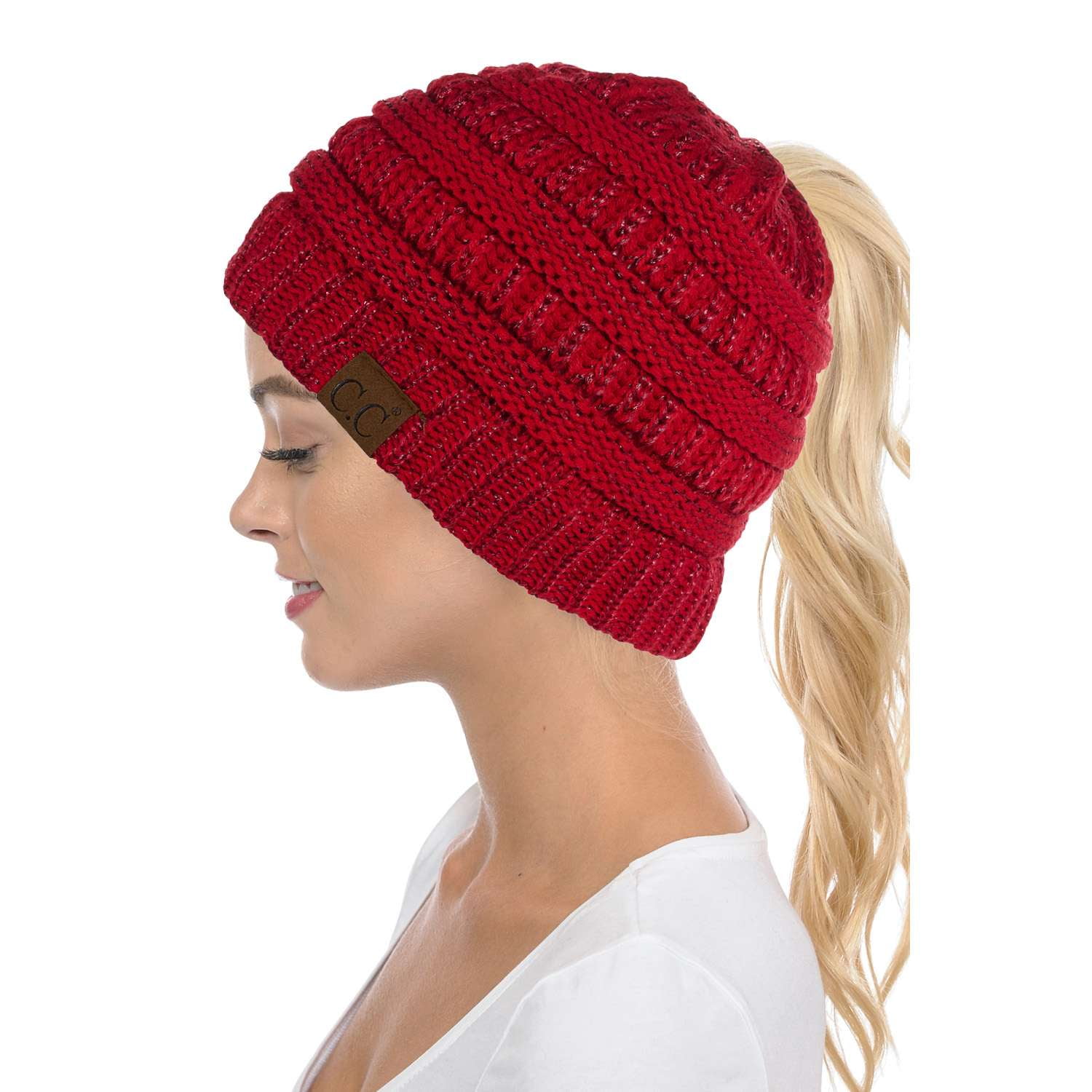 C.C MB-20A Soft Stretch Cable Knit Warm Hat High Bun Beanietail ...