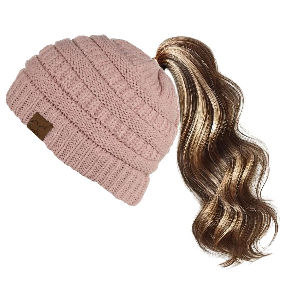 C.C MB-20A Soft Stretch Cable Knit Warm Hat High Bun Beanietail ...