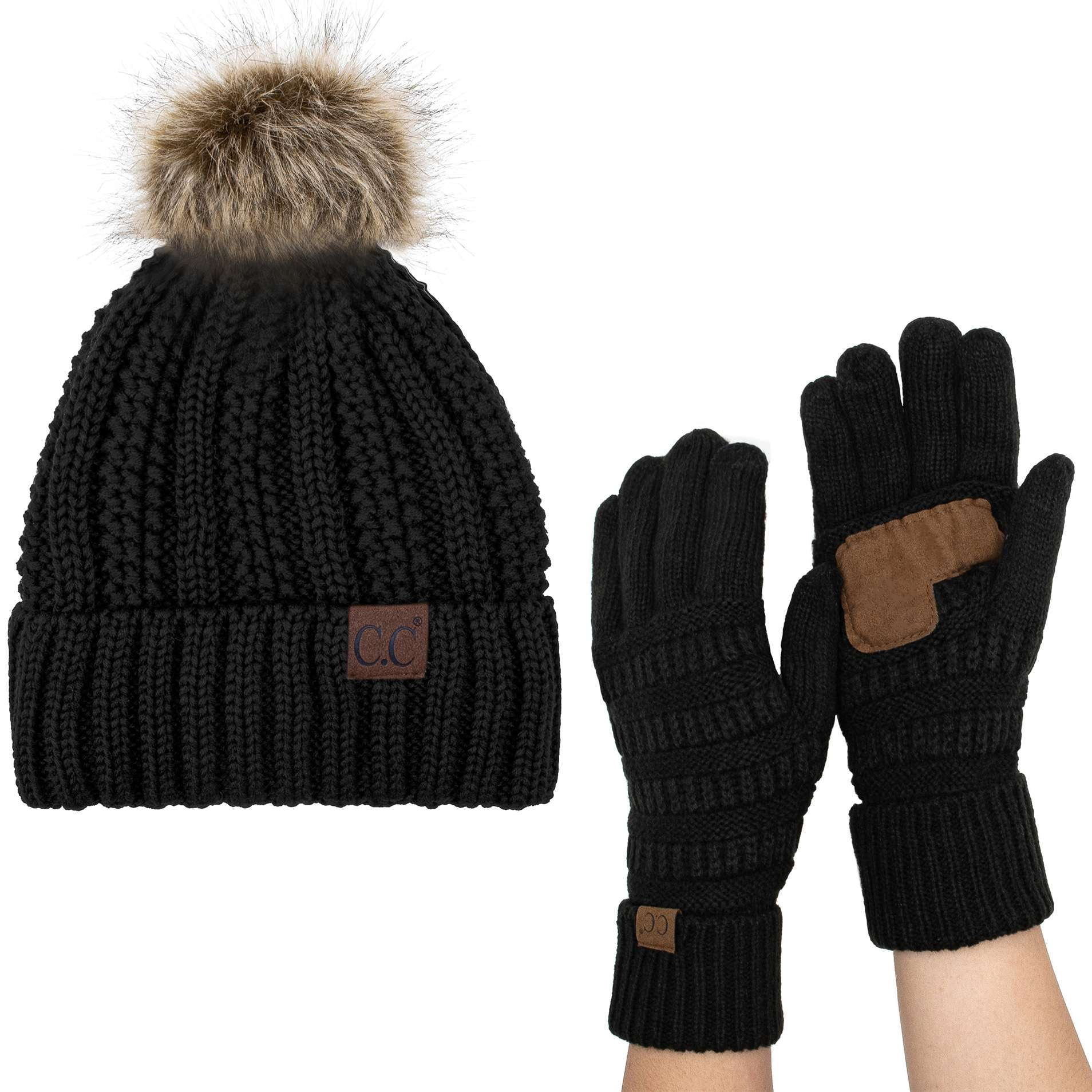 C.C Women's Cable Knit Beanie and Glove Set, Black, 2 Pack - Walmart.com