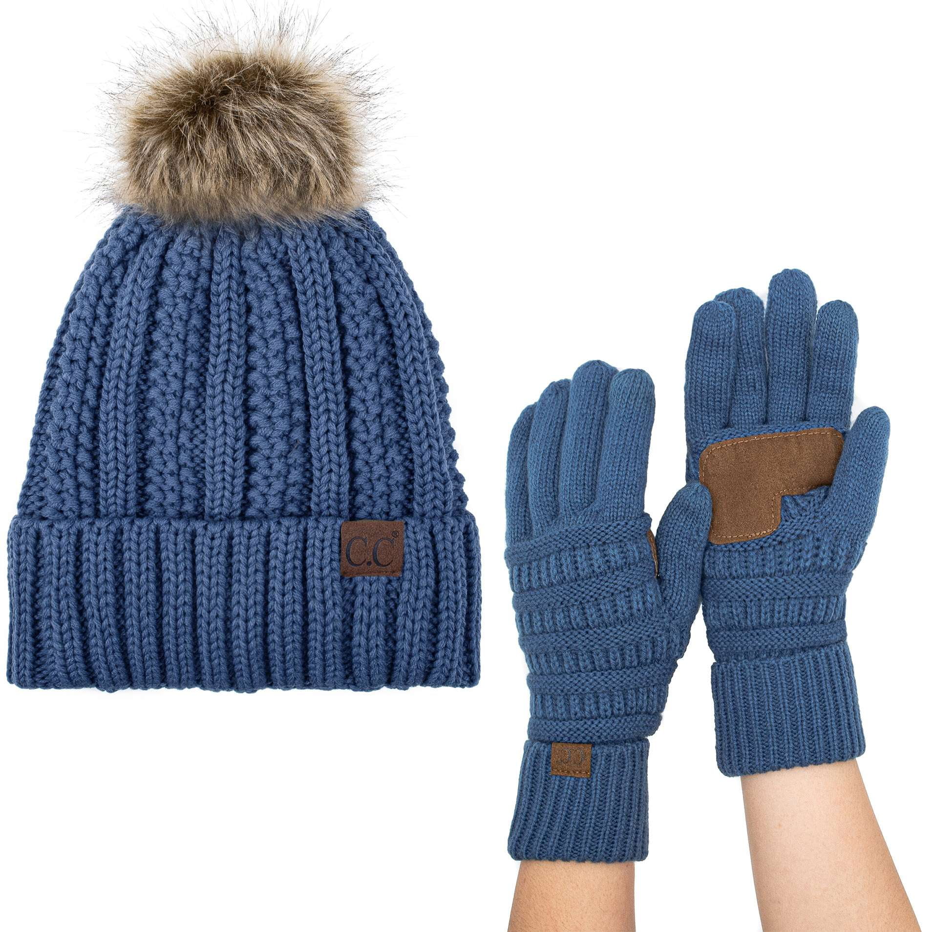 C.C Pom Cable Knit Beanie and Glove Set, Dark Denim - Walmart.com