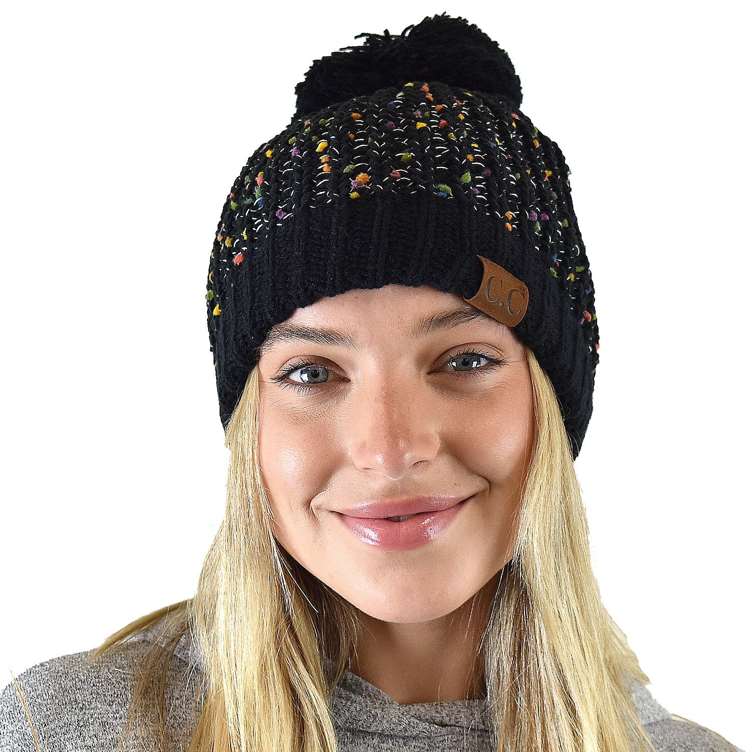 C.C Soft Winter Warm Confetti Knit Chenille Pom Beanie Hat, Black ...