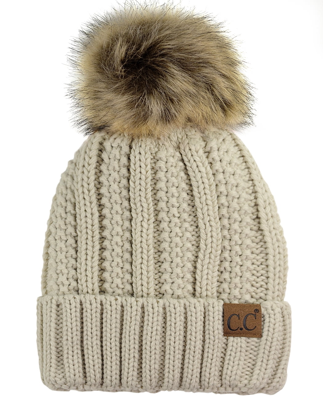 C.C Thick Cable Knit Faux Fuzzy Fur Pom Fleece Lined Skull Cap Cuff ...