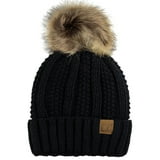 C.C Thick Cable Knit Hat with Faux Fuzzy Fur Pom, Fleece Lined Skull ...