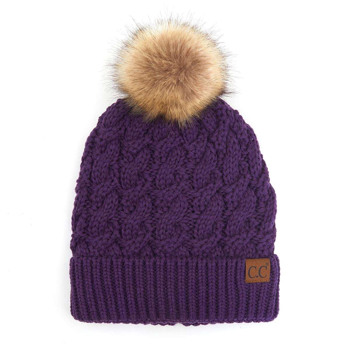 C.C Thick Cable Knit Faux Fuzzy Fur Pom Fleece Lined Skull Cap Cuff ...