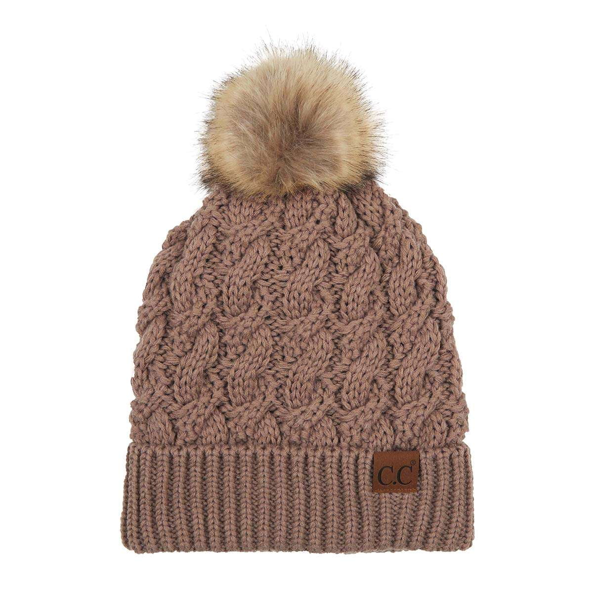 C.C Thick Cable Knit Faux Fuzzy Fur Pom Fleece Lined Skull Cap Cuff Beanie, Chunky Cable Taupe ...