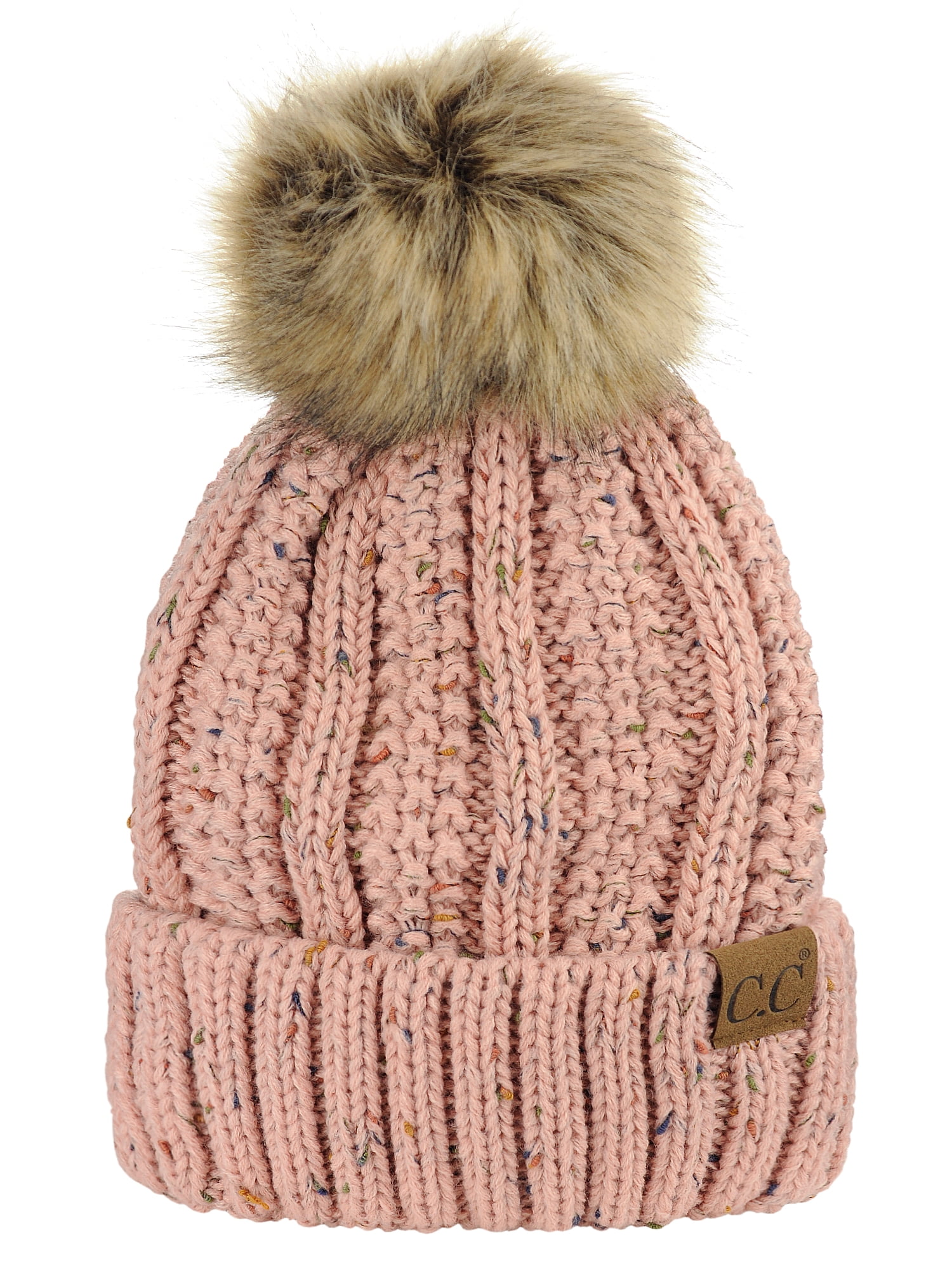 C.C Thick Cable Knit Faux Fuzzy Fur Pom Fleece Lined Skull Cap Cuff ...