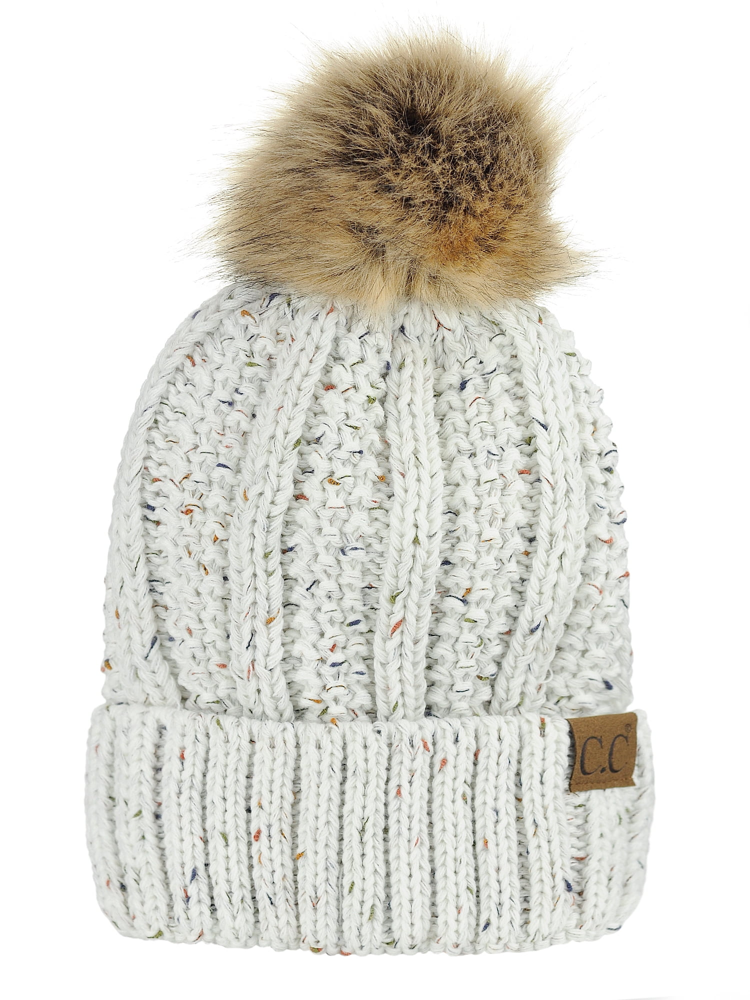 C.C Thick Cable Knit Faux Fuzzy Fur Pom Fleece Lined Skull Cap Cuff ...