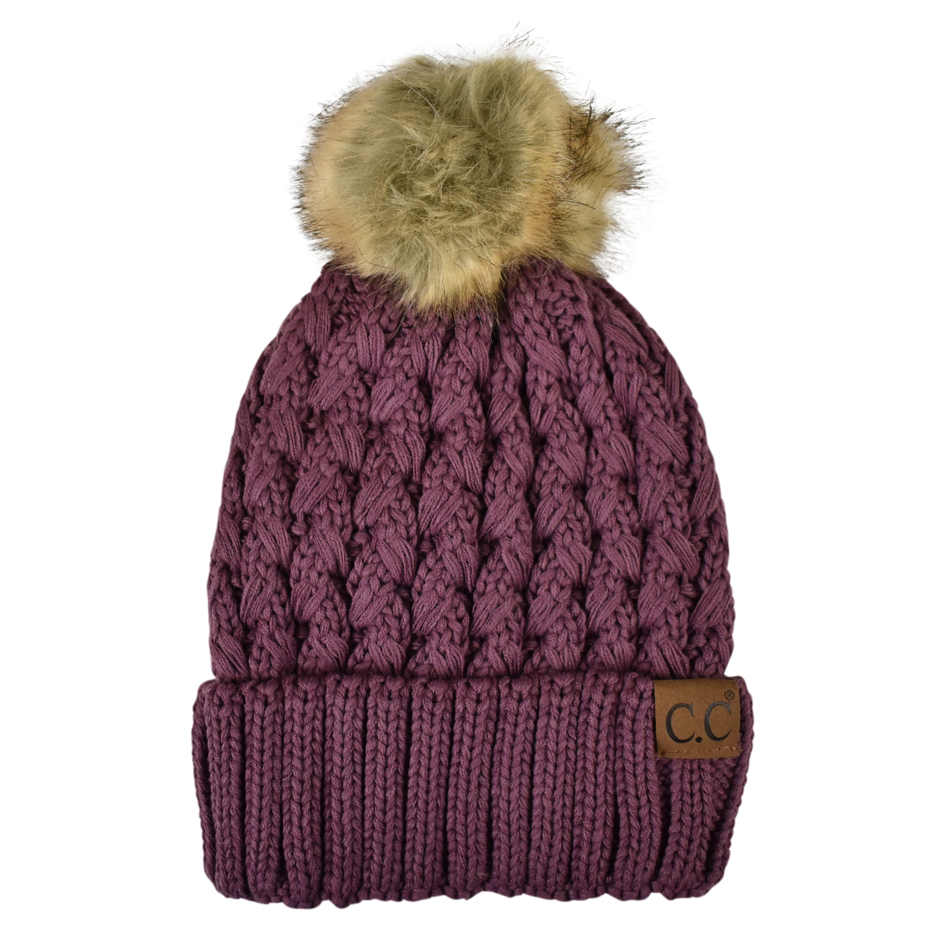 C.C Thick Cable Knit Faux Fuzzy Fur Pom Fleece Lined Skull Cap Cuff ...