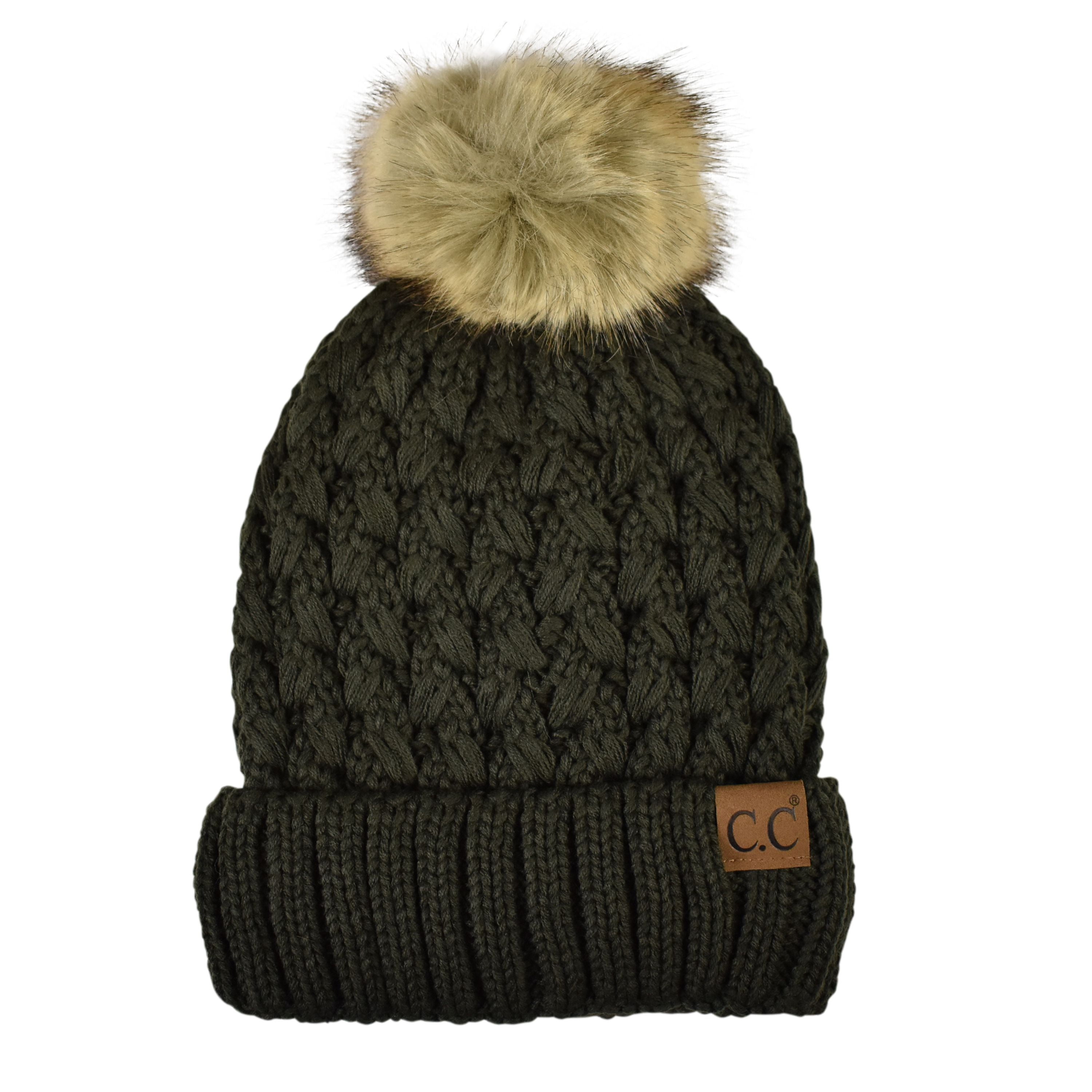 C.C Thick Cable Knit Faux Fuzzy Fur Pom Fleece Lined Skull Cap Cuff ...