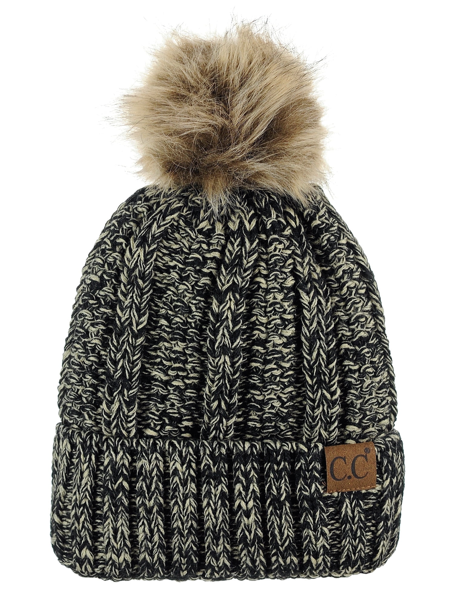 C.C Thick Cable Knit Faux Fuzzy Pom Fleece Lined Skull Cap Cuff Beanie ...