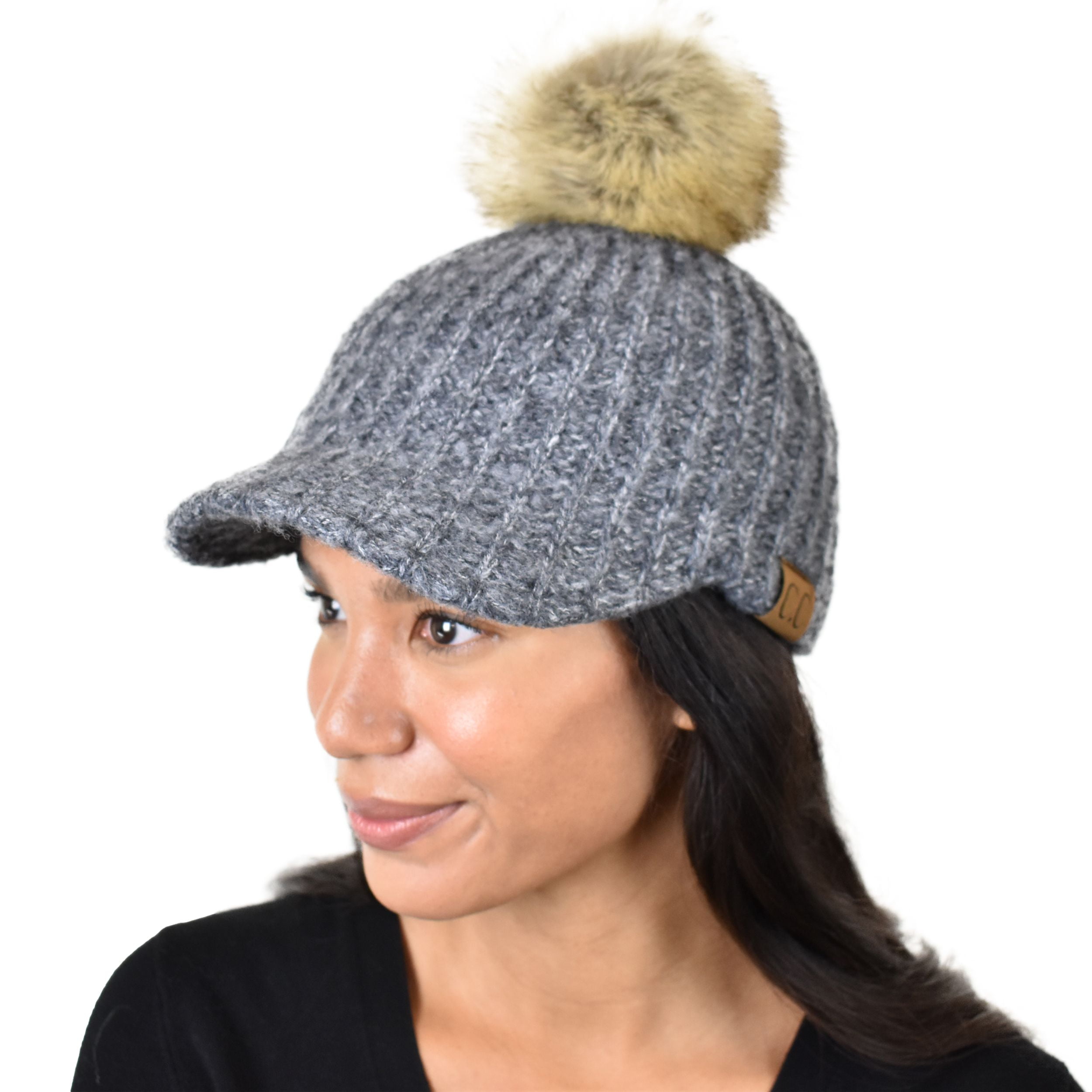 C.C Winter Warm Knit Jockey Style Faux Fur Pom Visor Beanie Cap ...
