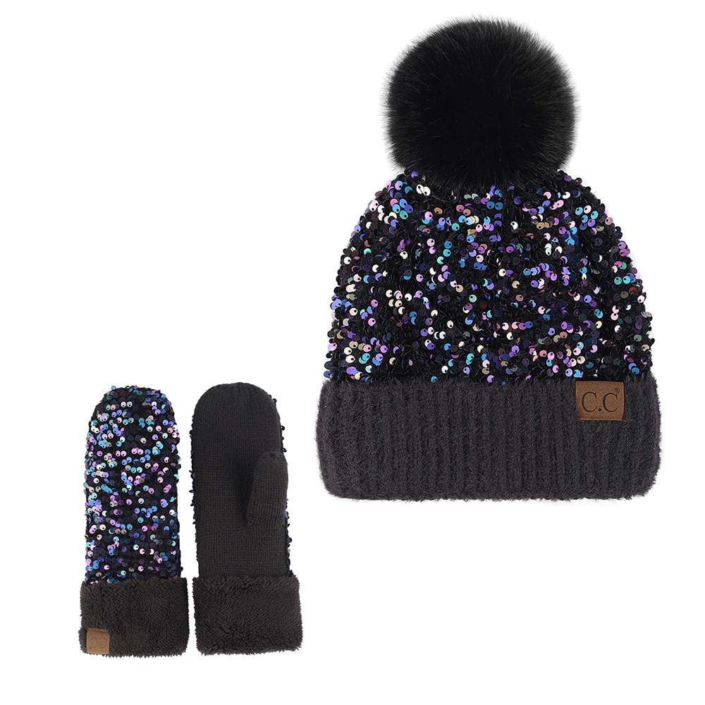 C.C Women Fuzzy Lined Sequin Fur Pom Beanie & Mitten Set, Purple Black ...