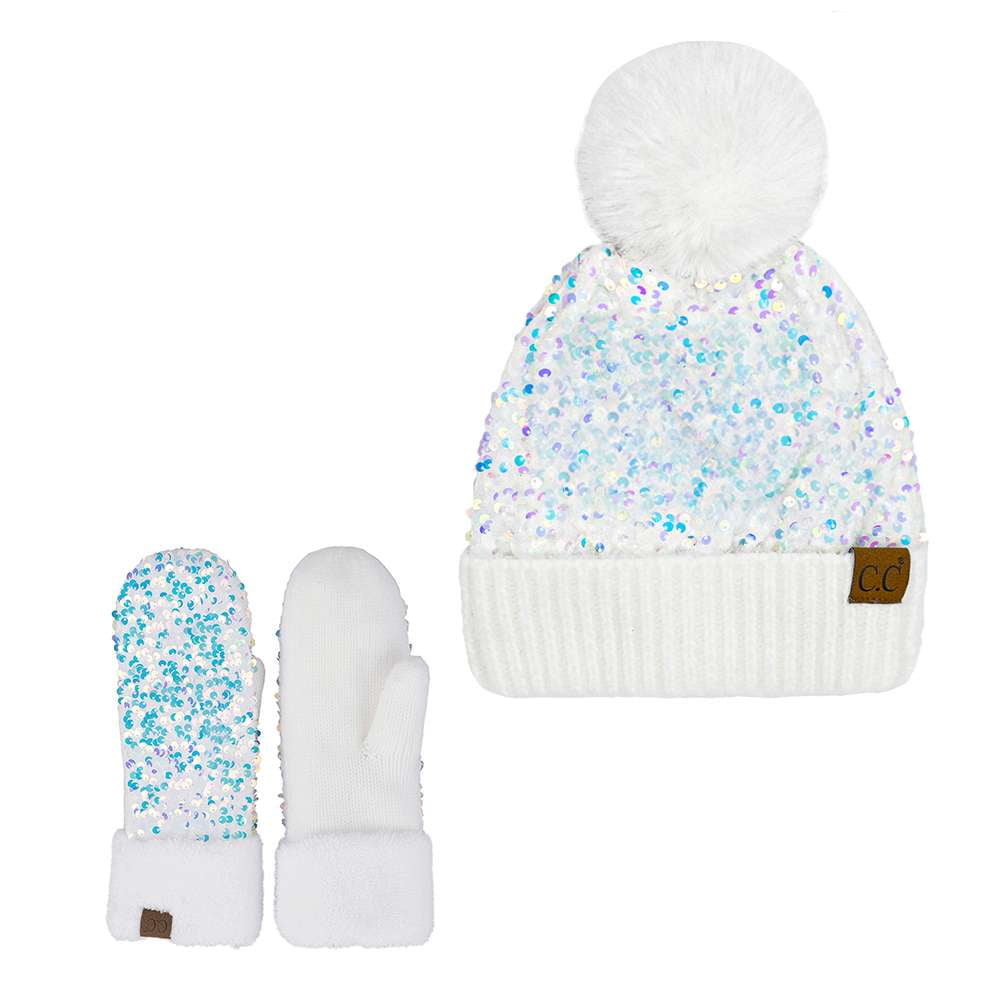 C.C Women Fuzzy Lined Sequin Fur Pom Beanie & Mitten Set, White ...