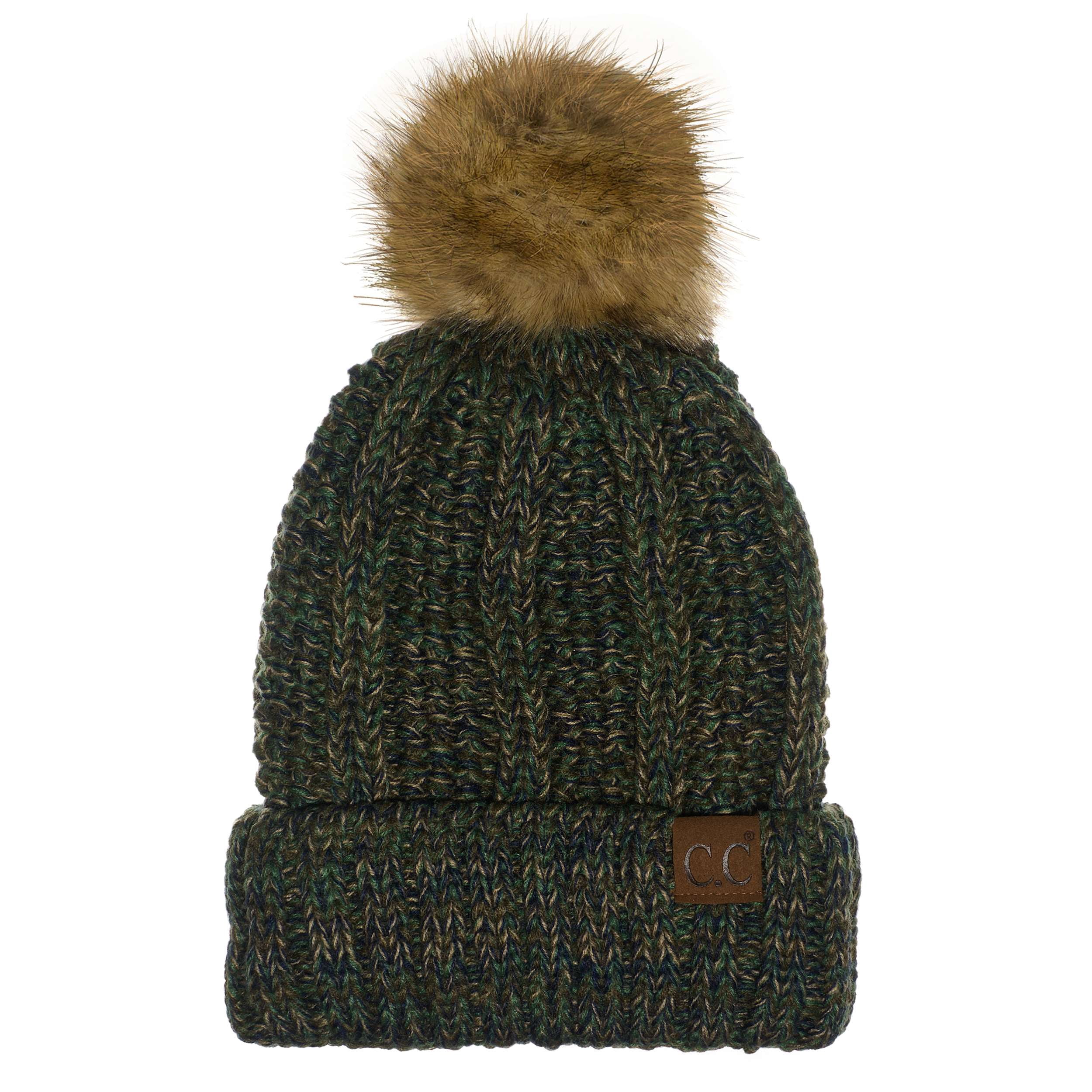 C.C YJ-820 Thick Cable Knit Hat Faux Fur Pom Pom Fleece Lined Cuffed ...