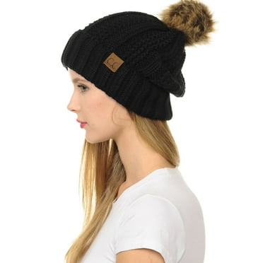 C.C Thick Cable Knit Hat with Faux Fuzzy Fur Pom, Fleece Lined Skull ...