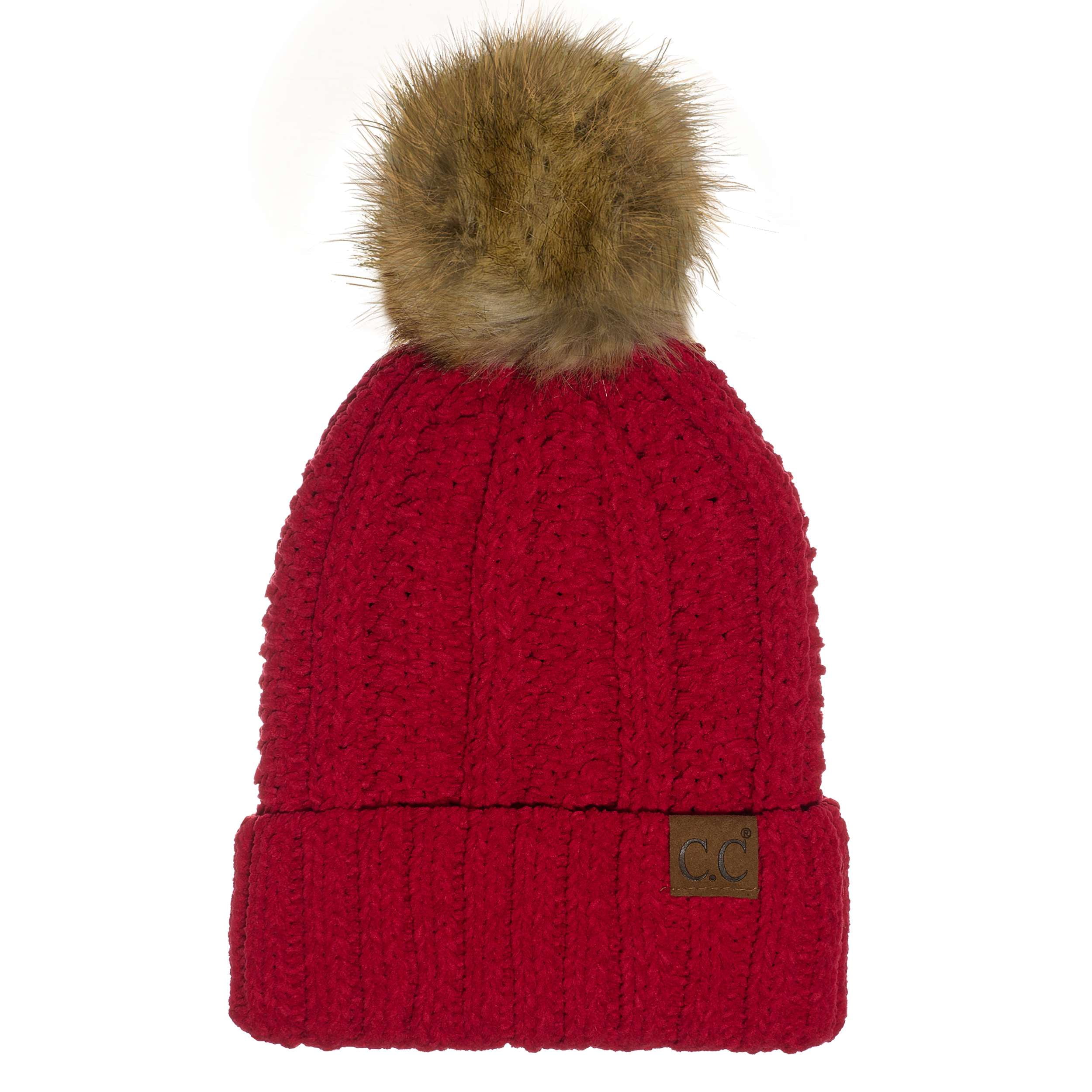 C.C YJ-820 Thick Cable Knit Hat Faux Fur Pom Pom Fleece Lined Cuffed ...