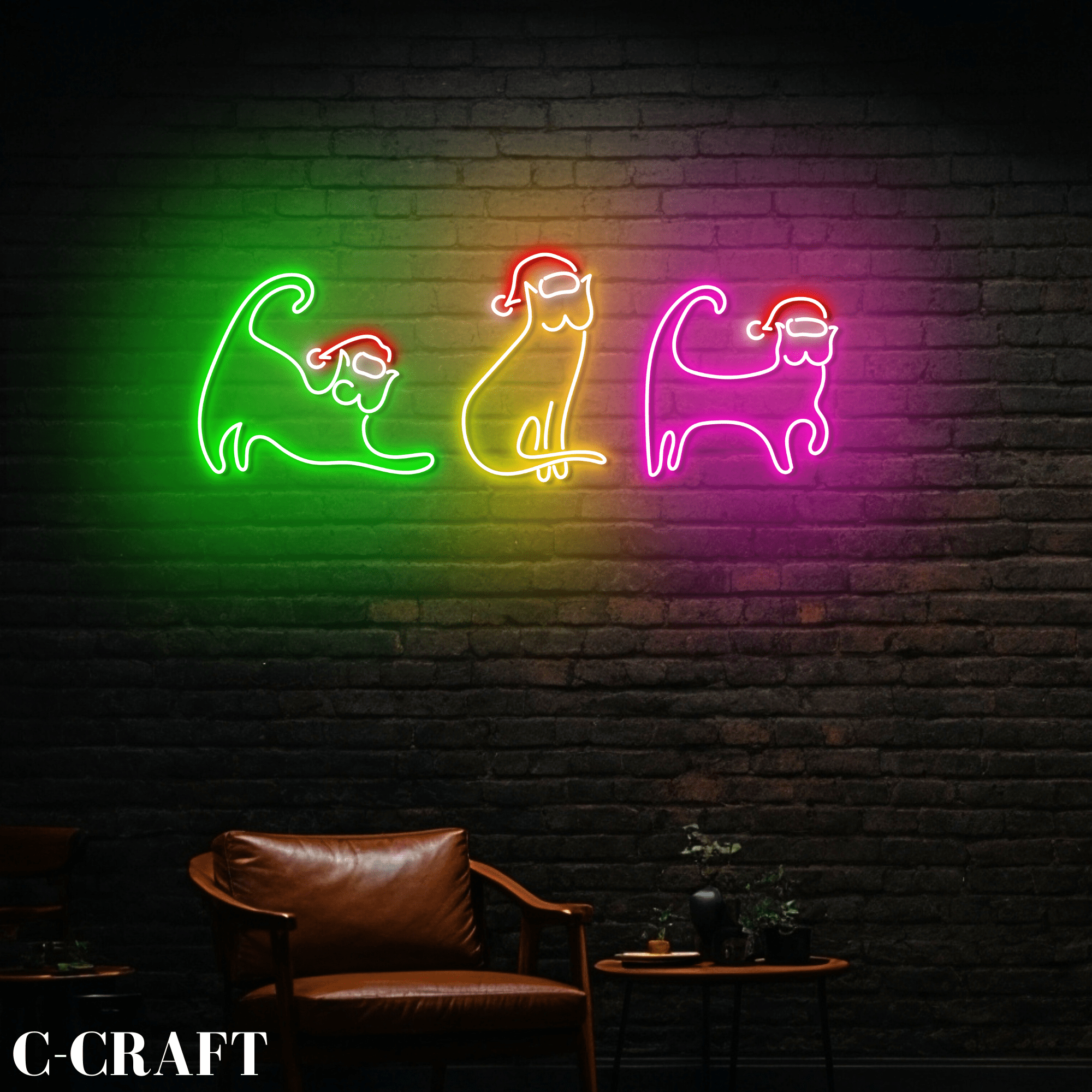 C-CRAFT 3 Cats Christmas Wall Art Led Light Neon Sign For Cat Shop ...