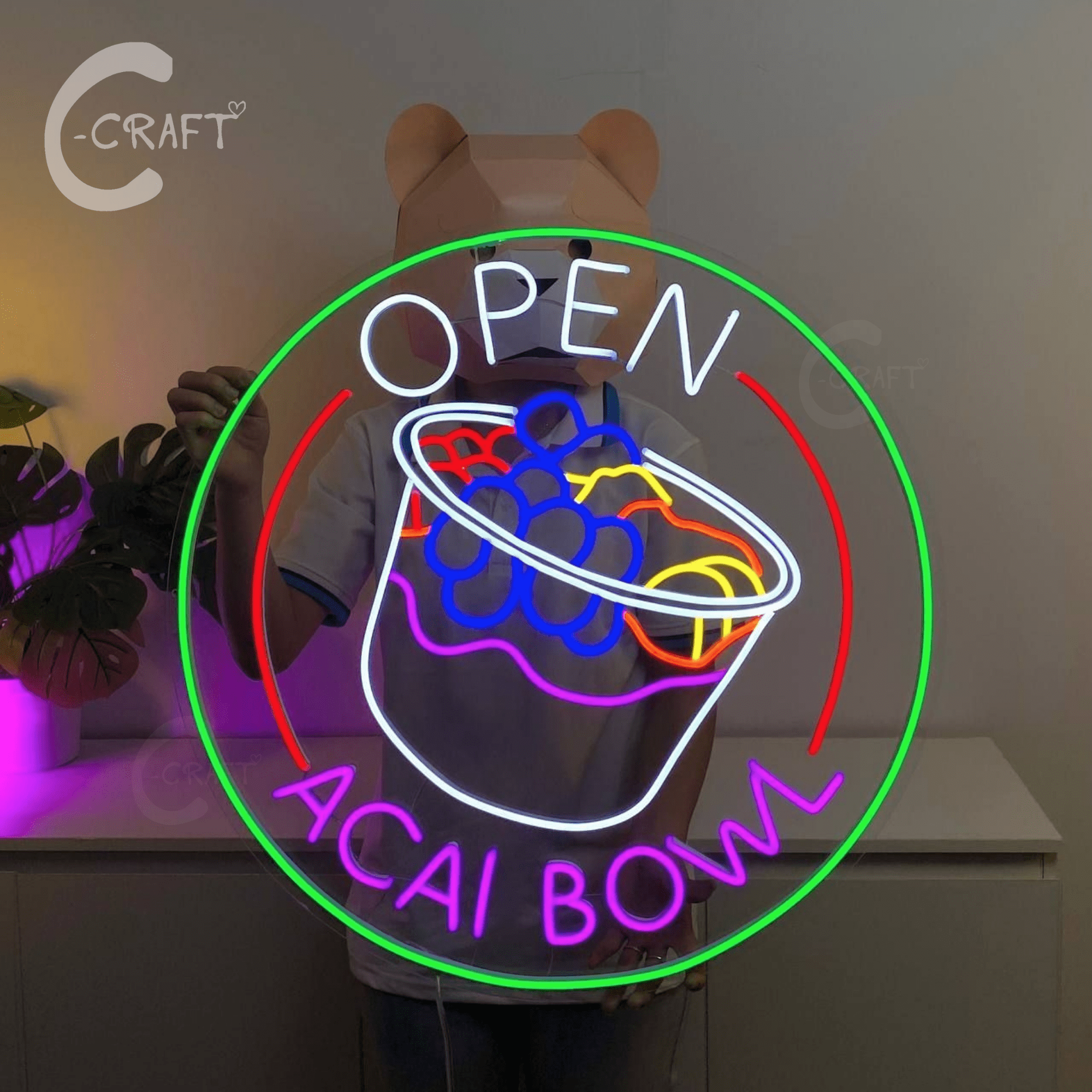 C-CRAFT Acai Bowl Open Neon Sign Led Light Up 35 inch for Acai Smoothie ...