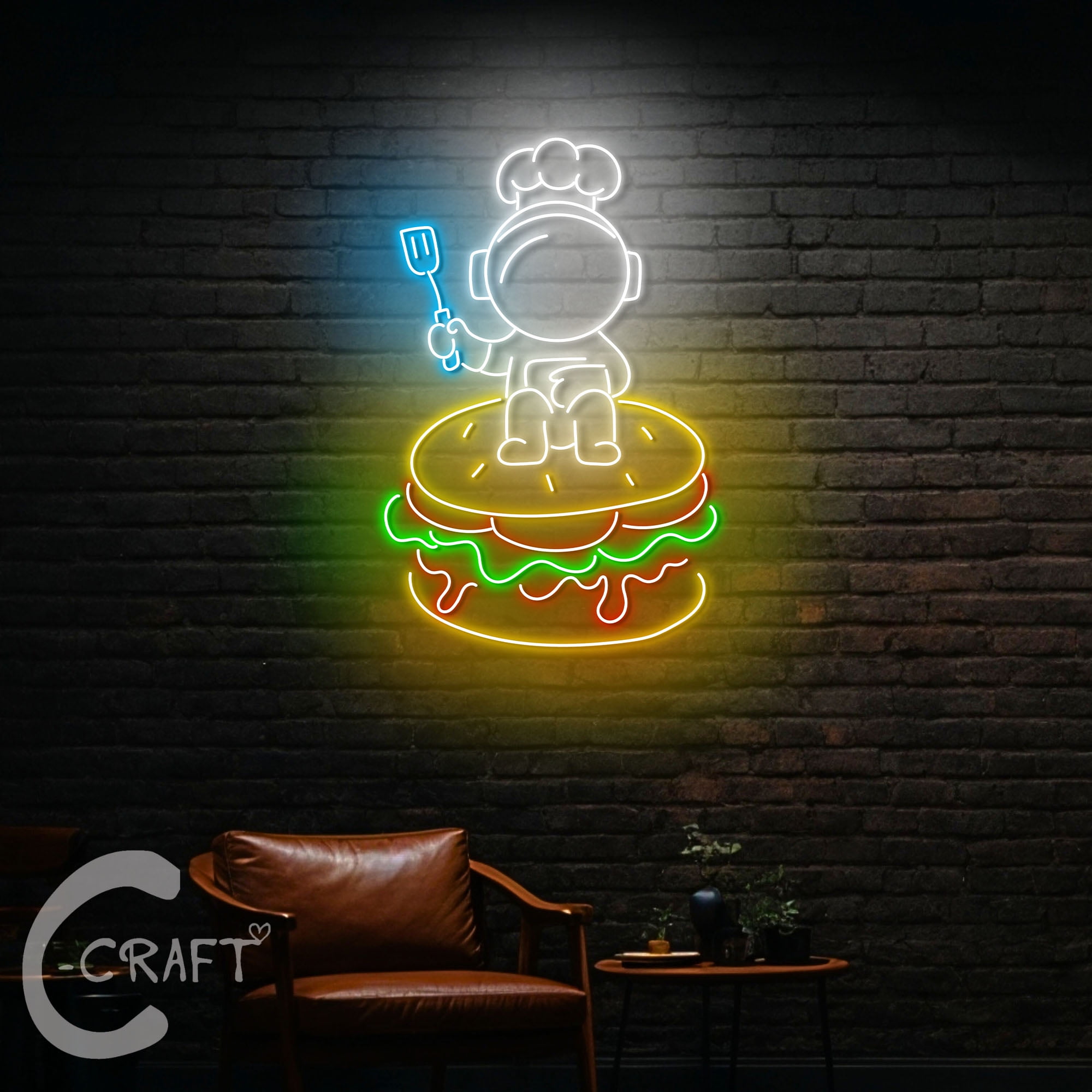 C-CRAFT Astronaut Chef Burger Neon Led Light Up 33 inch for Burger Shop ...