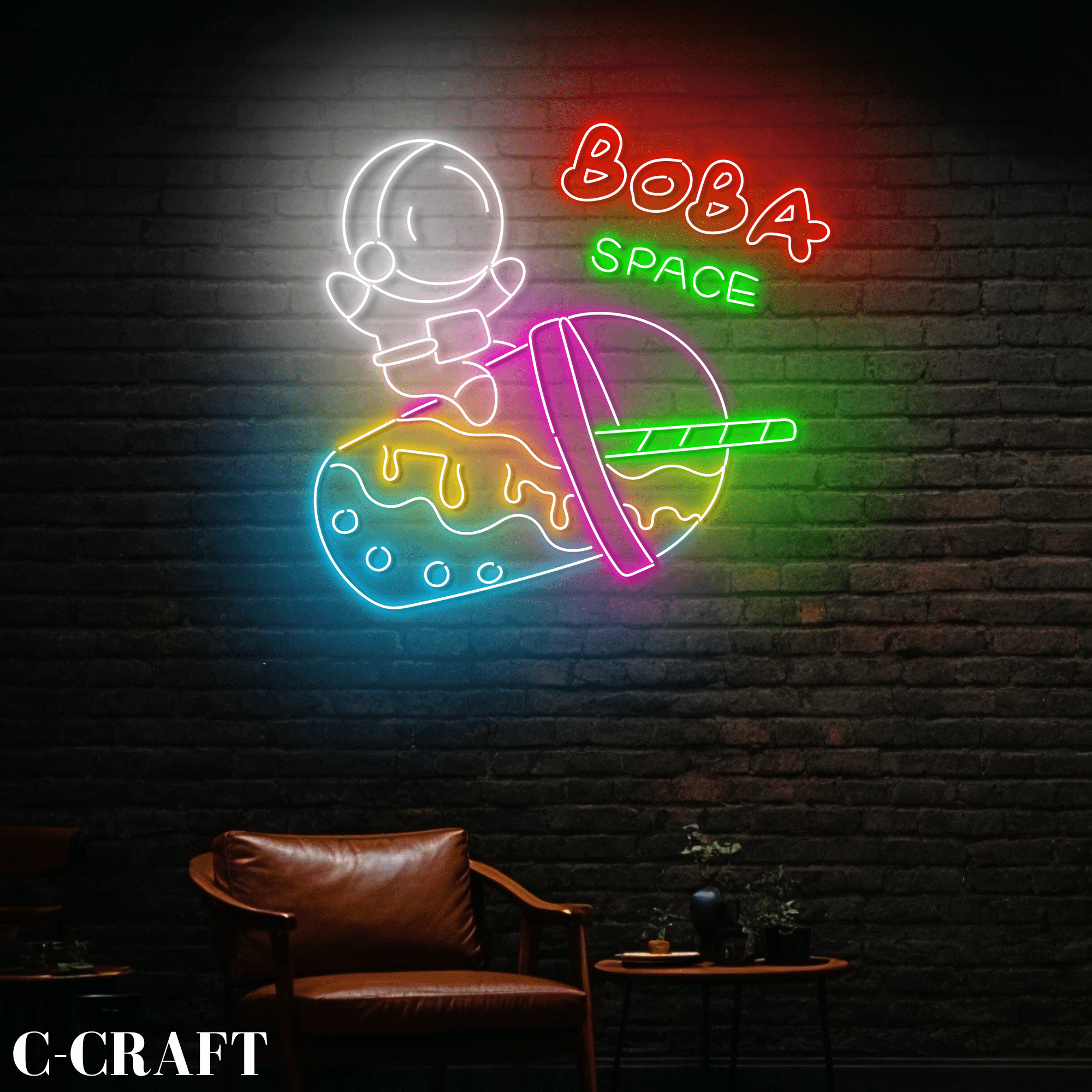 C-CRAFT Astronaut Ride On Boba Tea Glass Neon Led Light Wall Art for ...