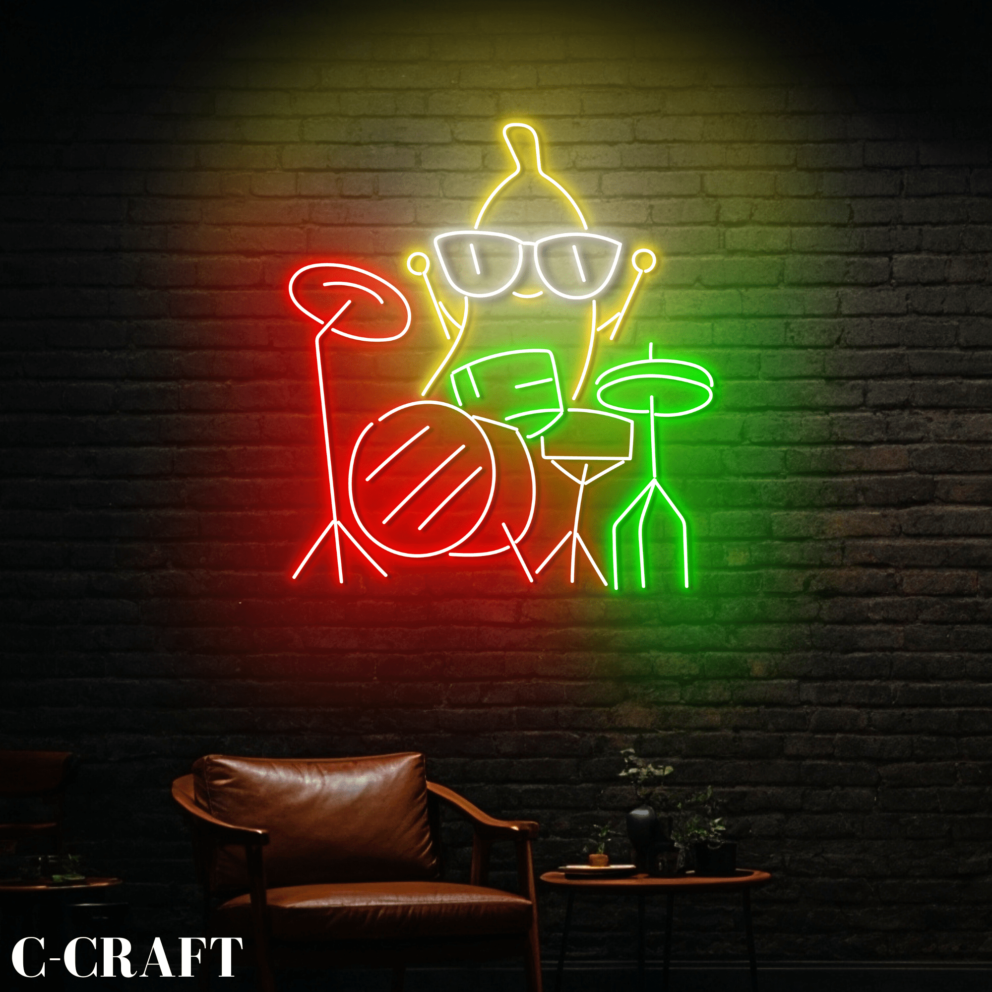 C-CRAFT Banana Drummer Neon Led Light Wall Art for Drum Band Decor ...
