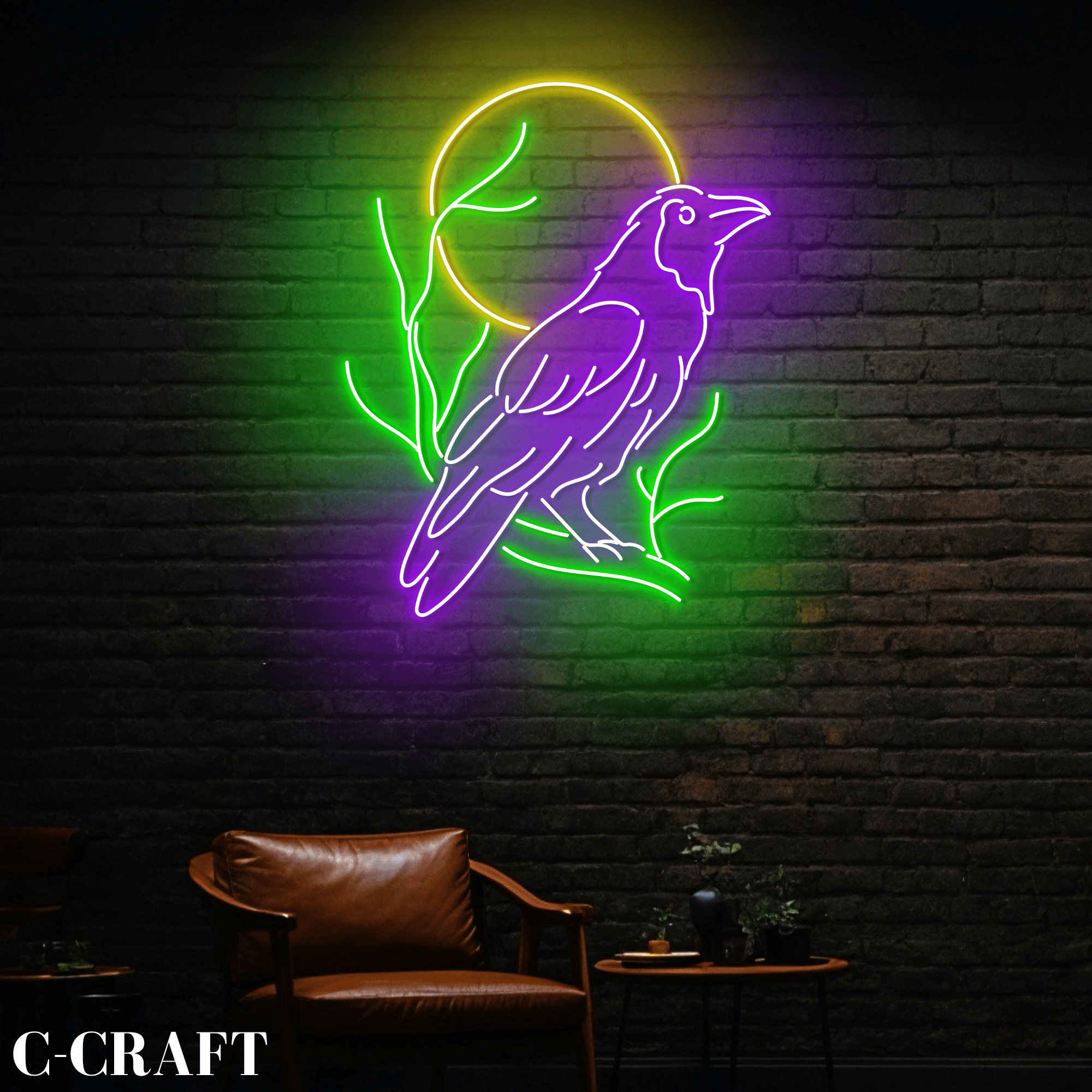 C-CRAFT Black Crow Moon Neon Led Light for Home Bar Wall Art Decor ...