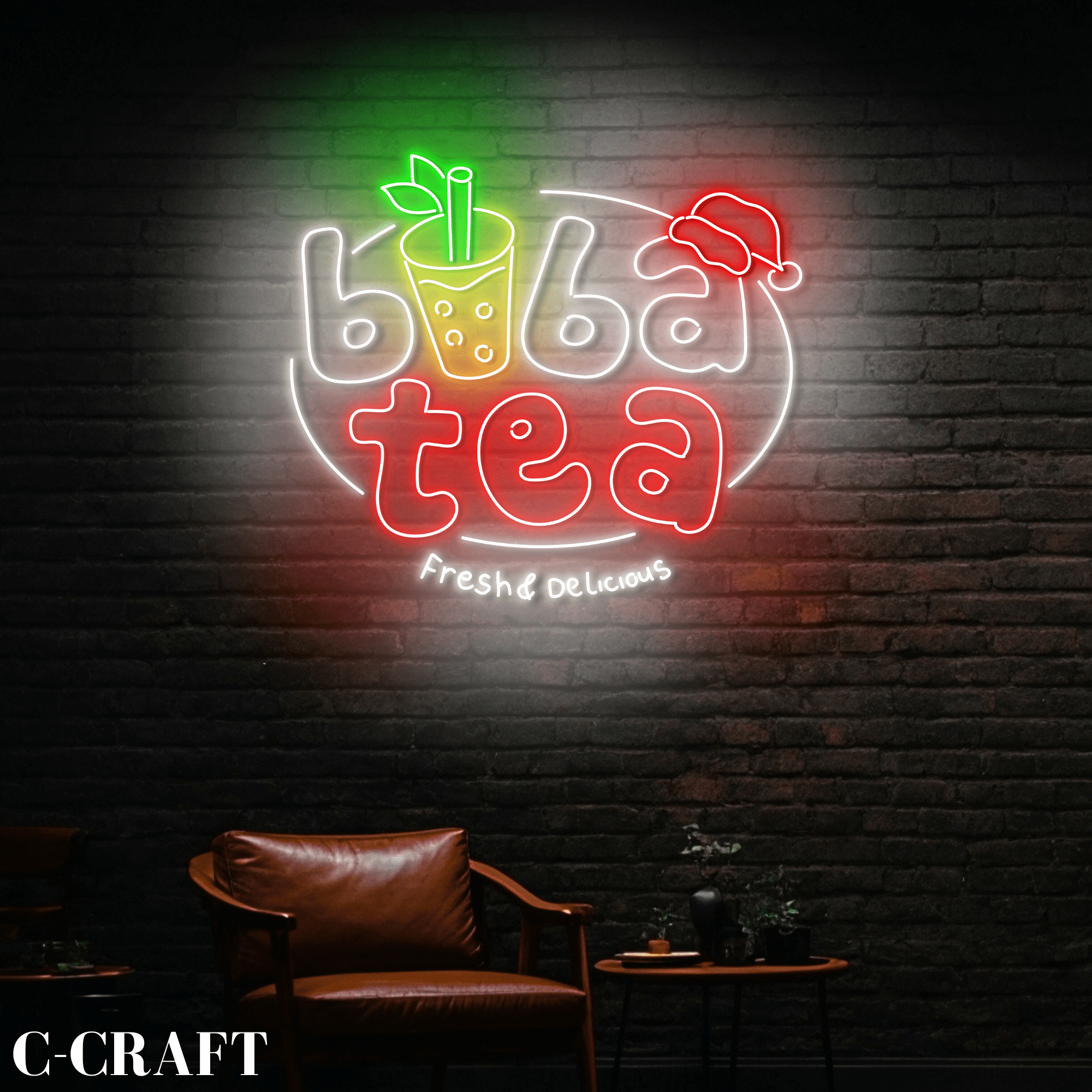 C-CRAFT Boba Tea Christmas Wall Art Led Light Neon Sign For Boba Milk ...