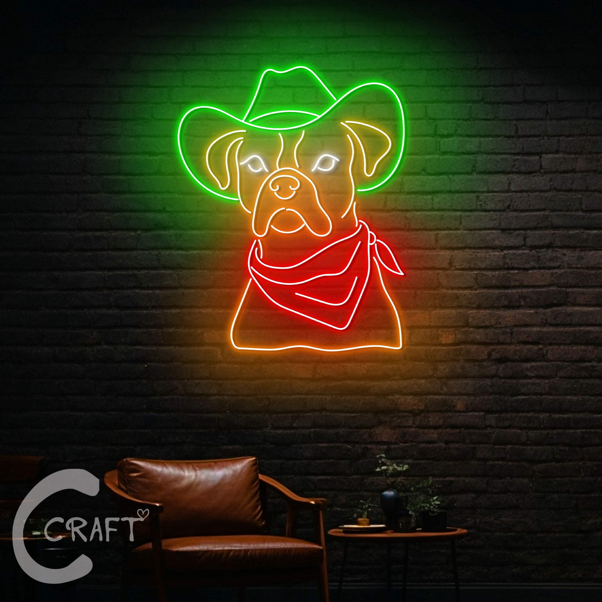 C-CRAFT Boxer Dog Cowboy Neon Led Light Up 23 inch for Cowboy Bar Dog ...