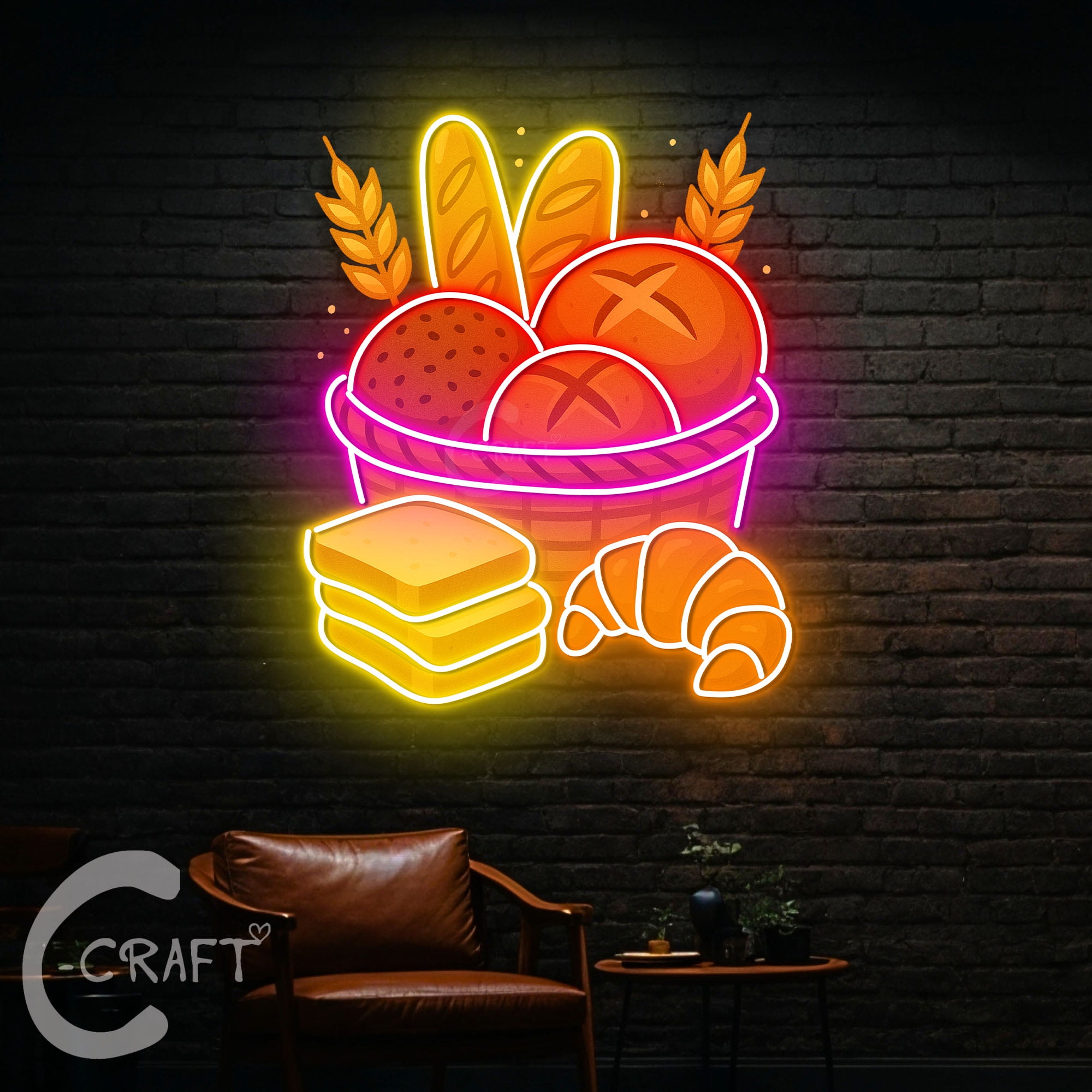 C-CRAFT Bread Acrylic Neon Sign 35 inch for Bakery Wall Decor, Led Wall ...