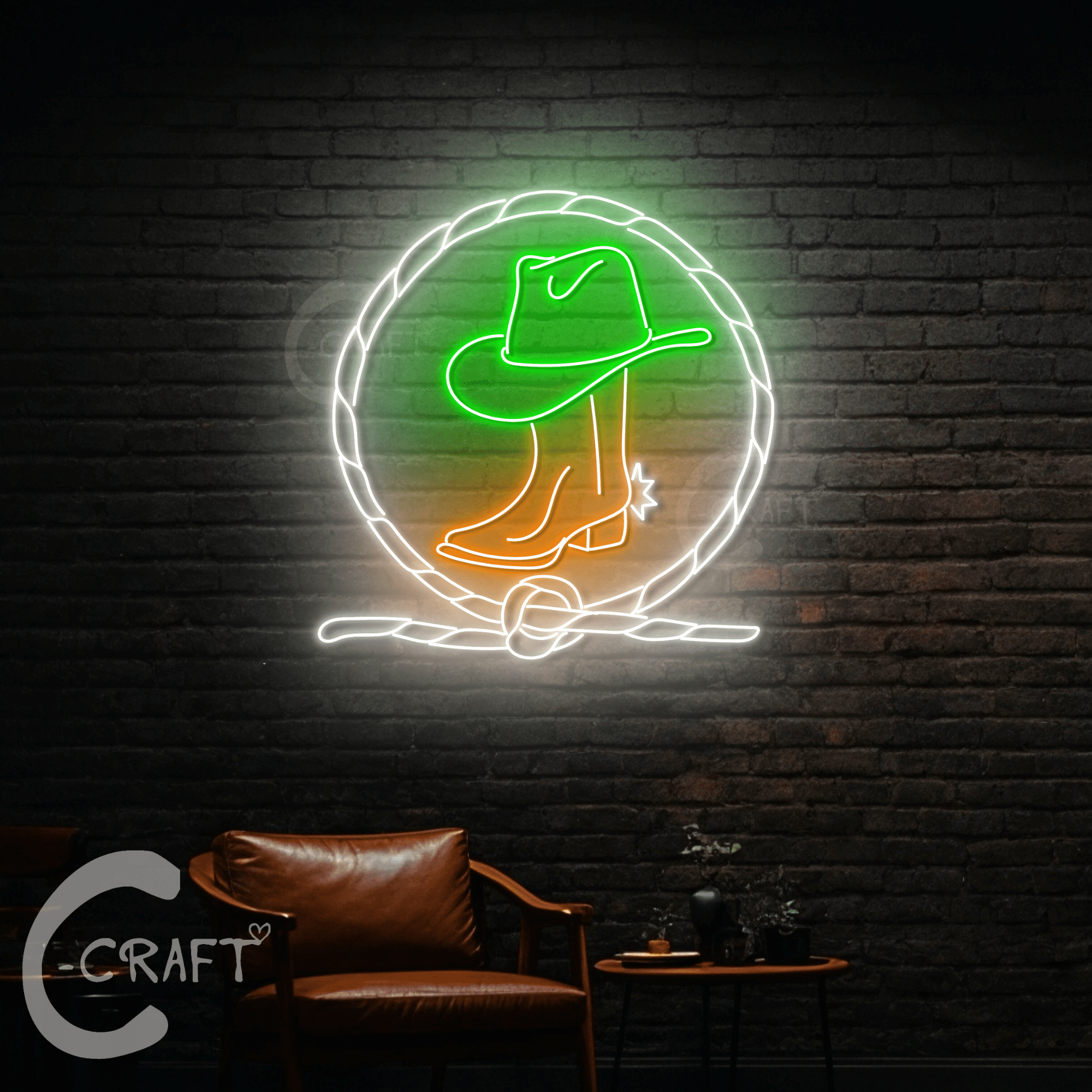C-CRAFT Brown Cowboy Boots Hat Rodeo Neon Sign Led Light Up 40 inch for ...