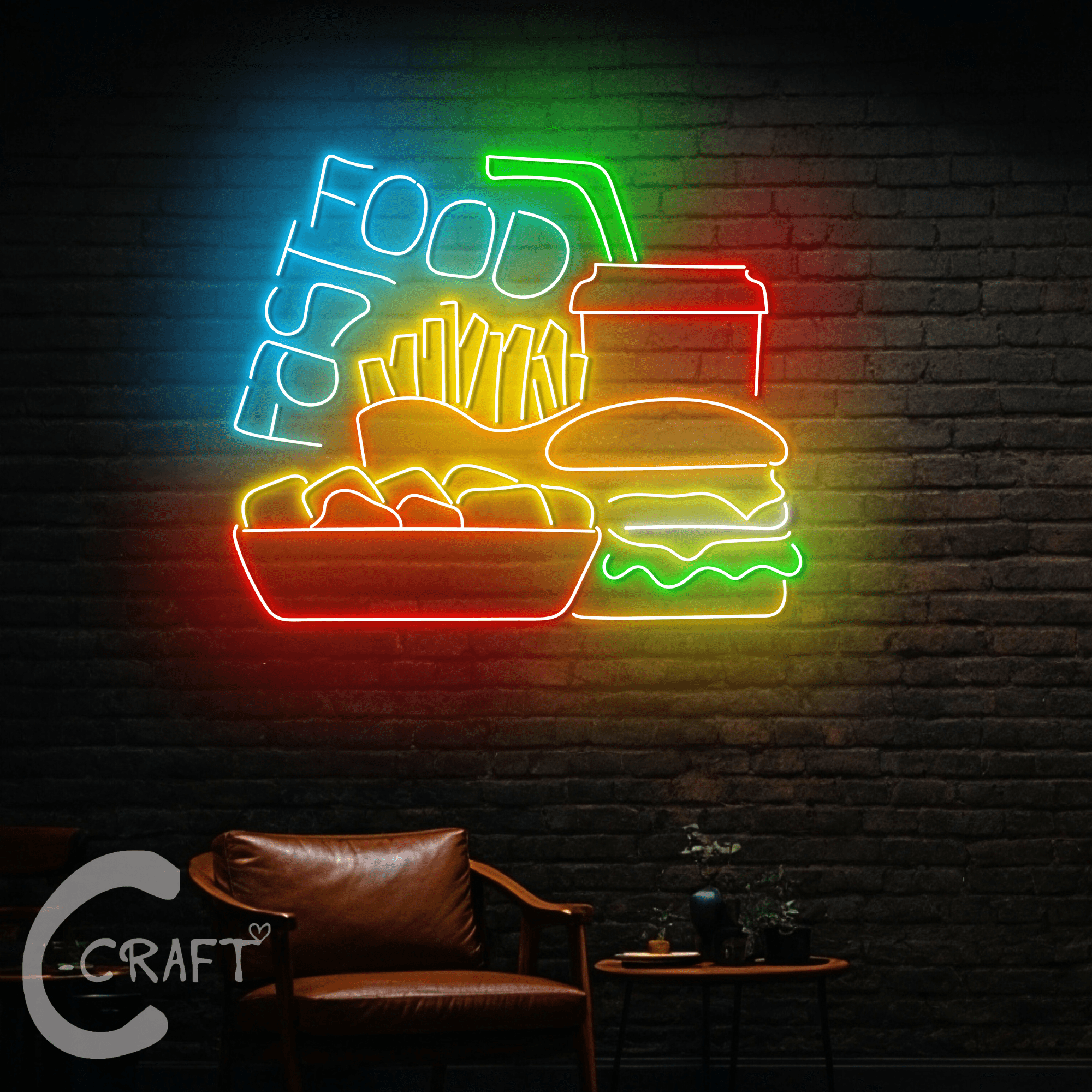 C-CRAFT Burger Chicken Nuggets Neon Led Light Up 35 inch for Fast Food ...