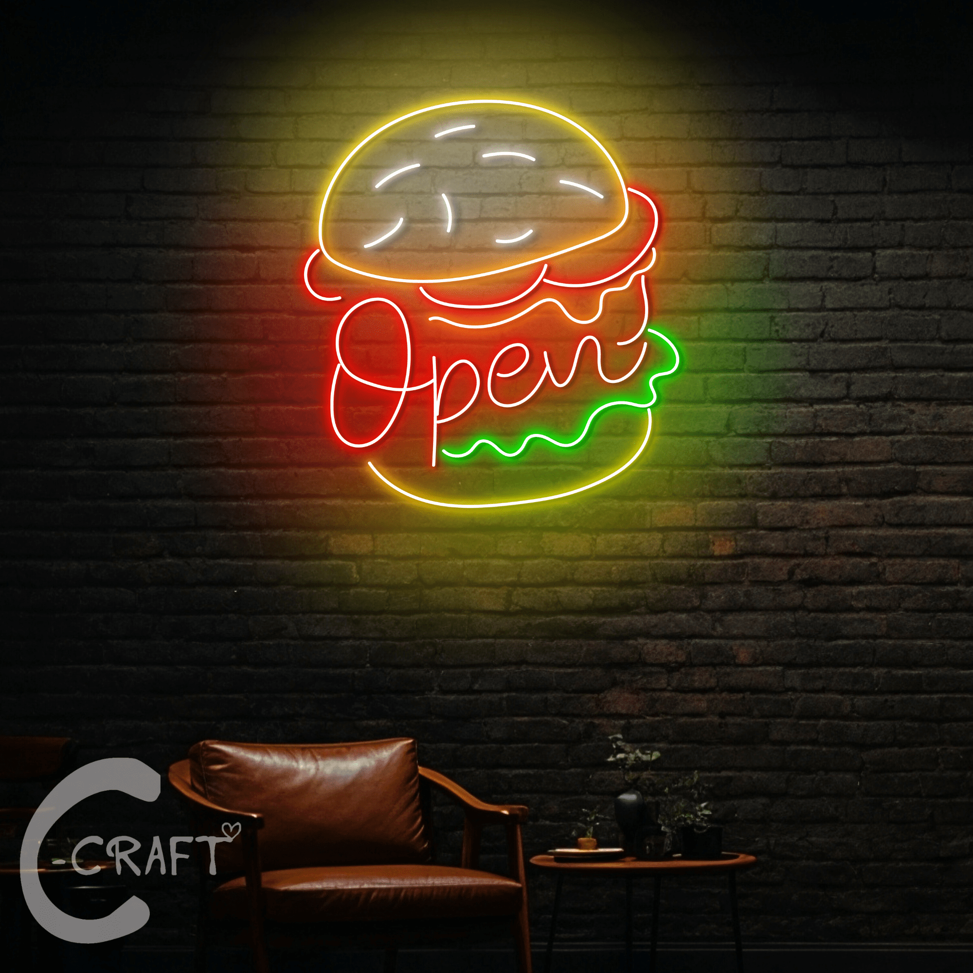 C-CRAFT Burger Open Neon Led Light Up 18 inch for Burger Fast Food ...